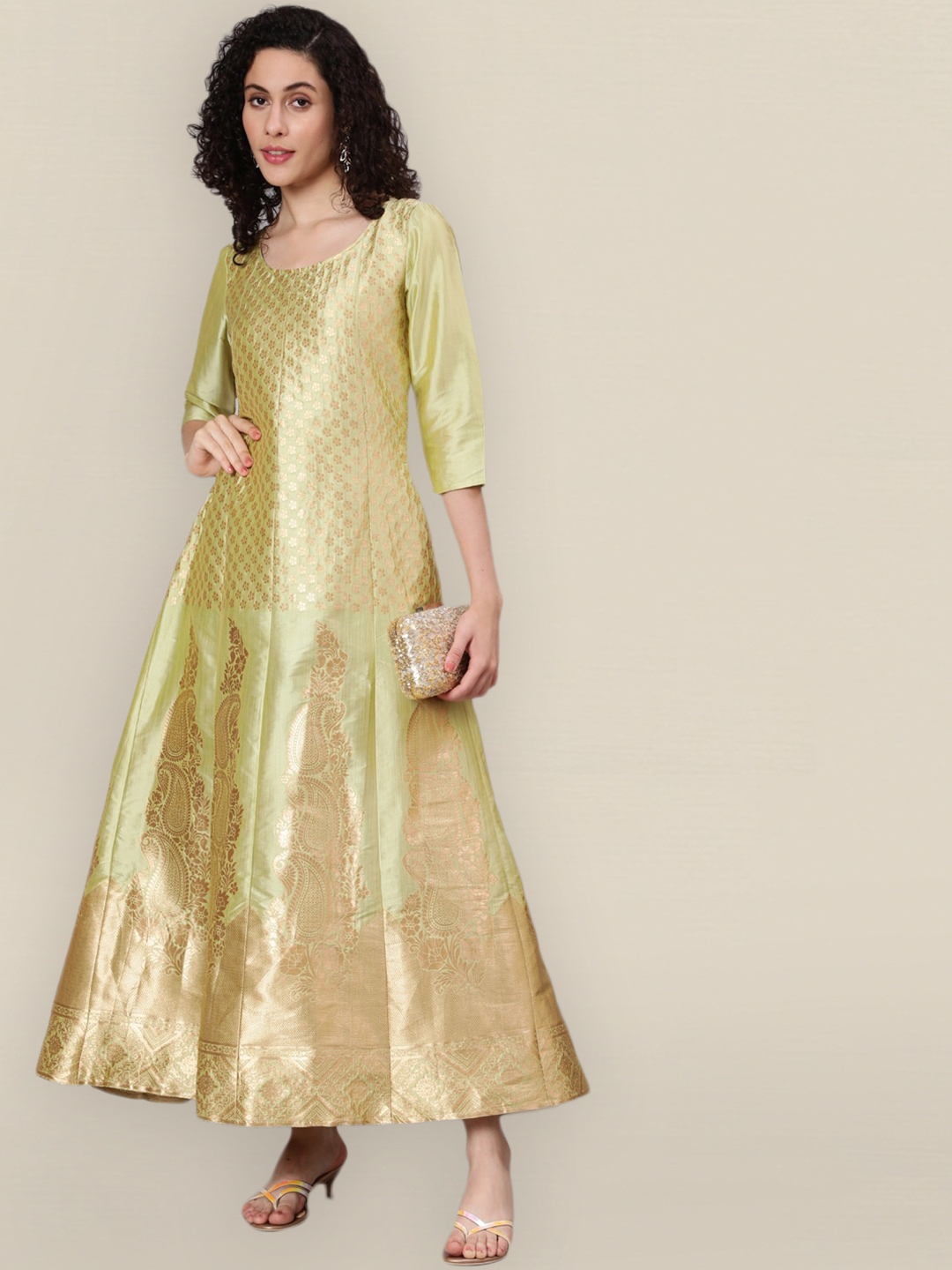 Buy Sangria Women Green & Gold Toned Ethnic Motifs Ethnic Maxi Dress ...