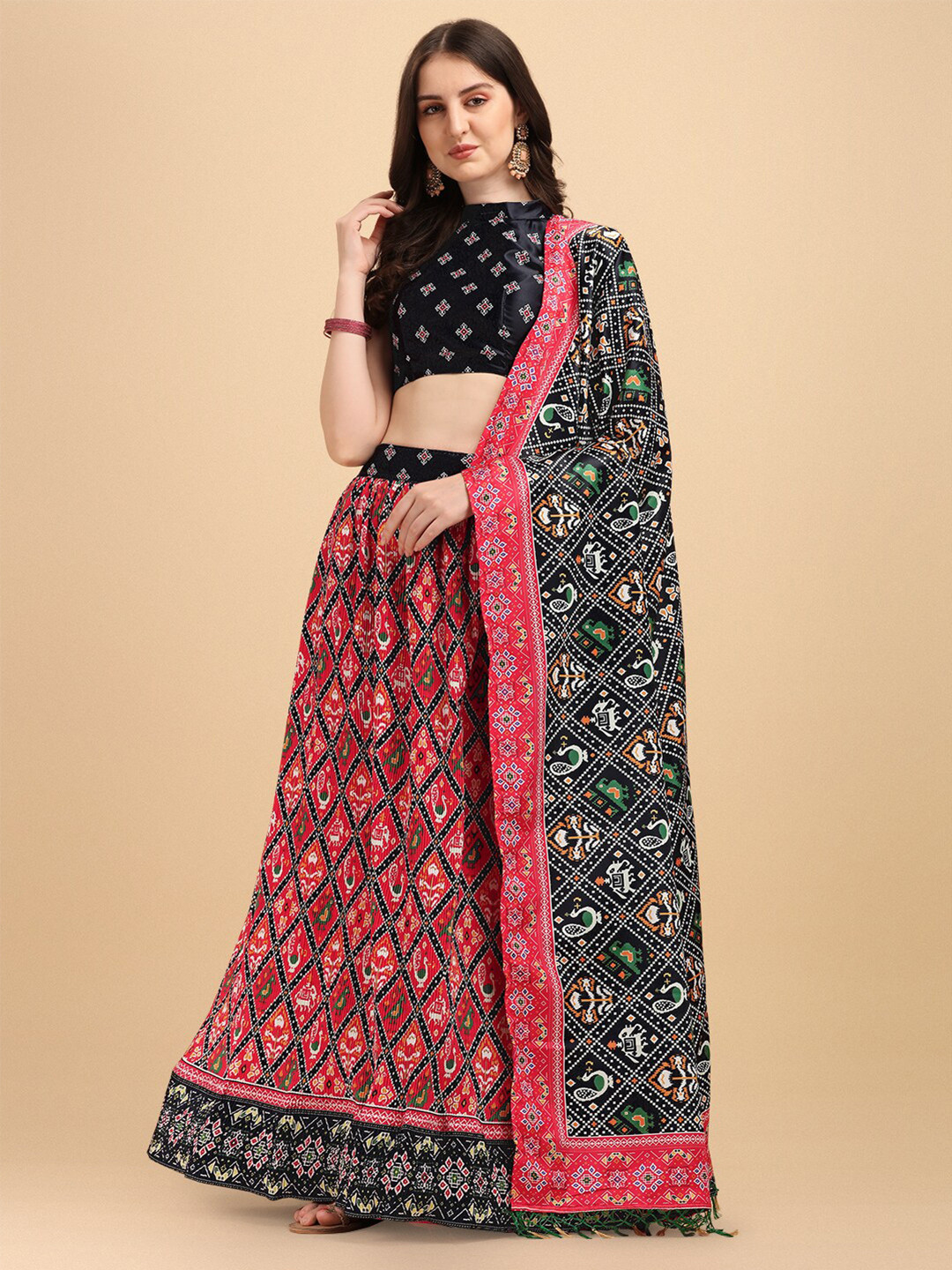 Buy Fab Dadu Pink & Black Printed Semi Stitched Lehenga & Unstitched ...