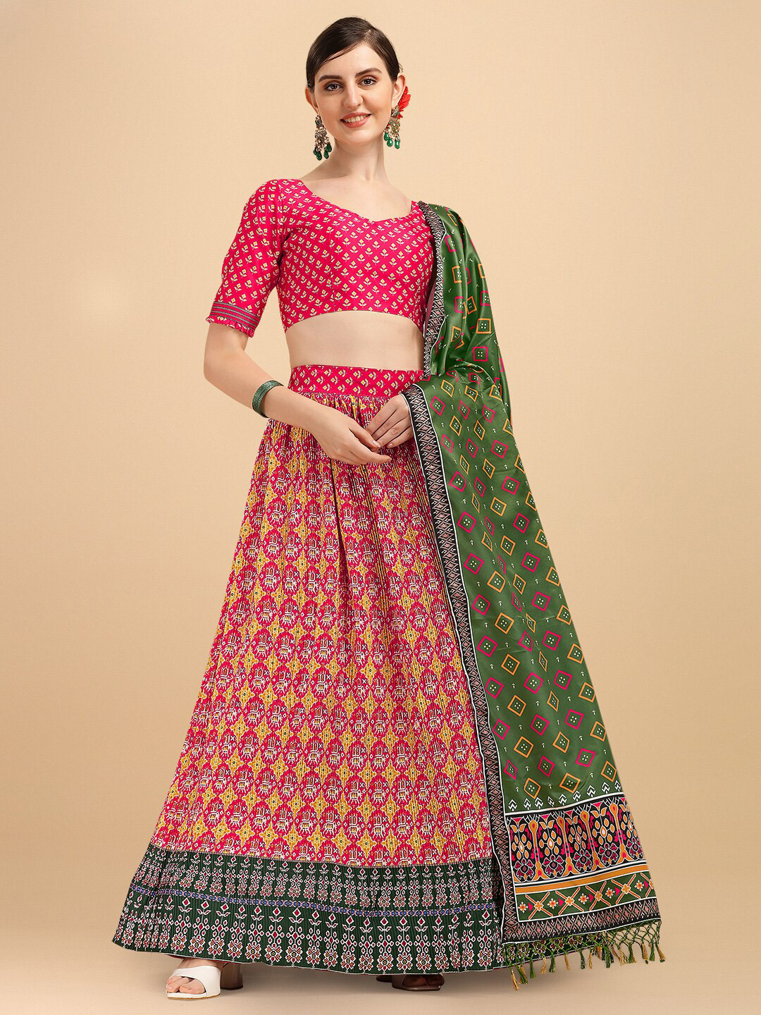 Buy Fab Dadu Pink & Yellow Printed Semi Stitched Lehenga & Unstitched ...