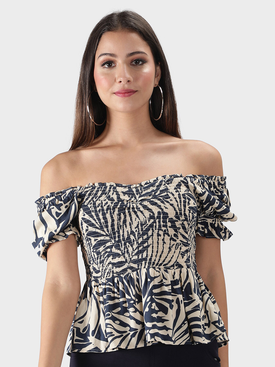 Buy DEBONATELLA Women Navy Blue Printed Off Shoulder Crepe Bardot Top ...