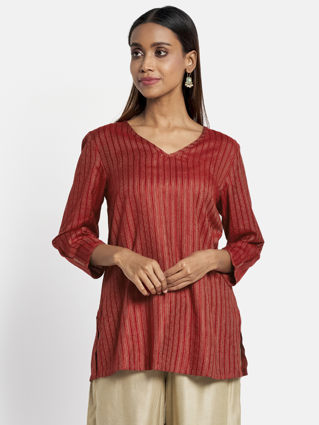 Buy Fabindia Maroon & Yellow Striped V Neck Kurti - Kurtis for Women ...