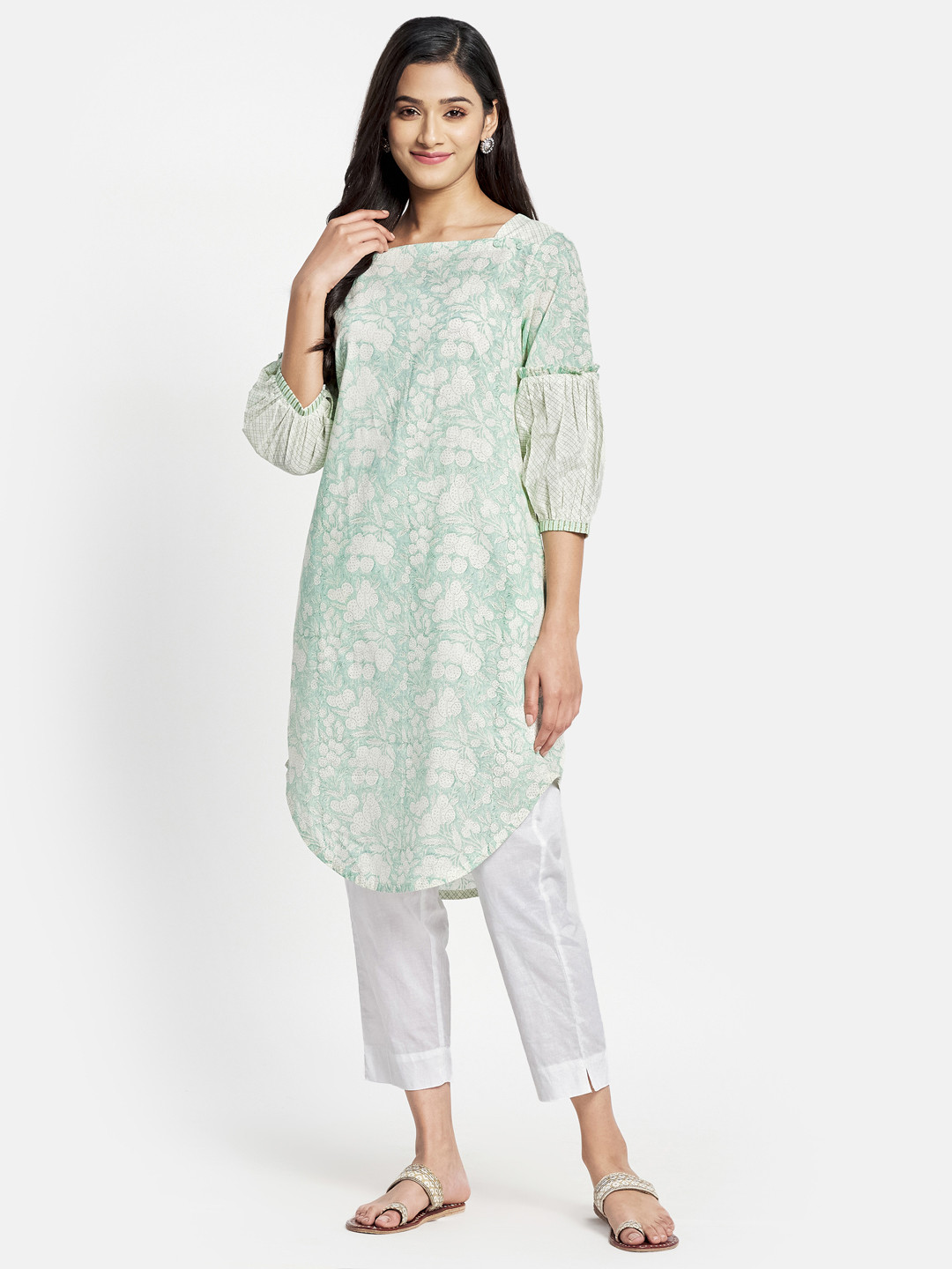 Buy Fabindia Women White & Green Pure Cotton Hand Block Print Kurta ...