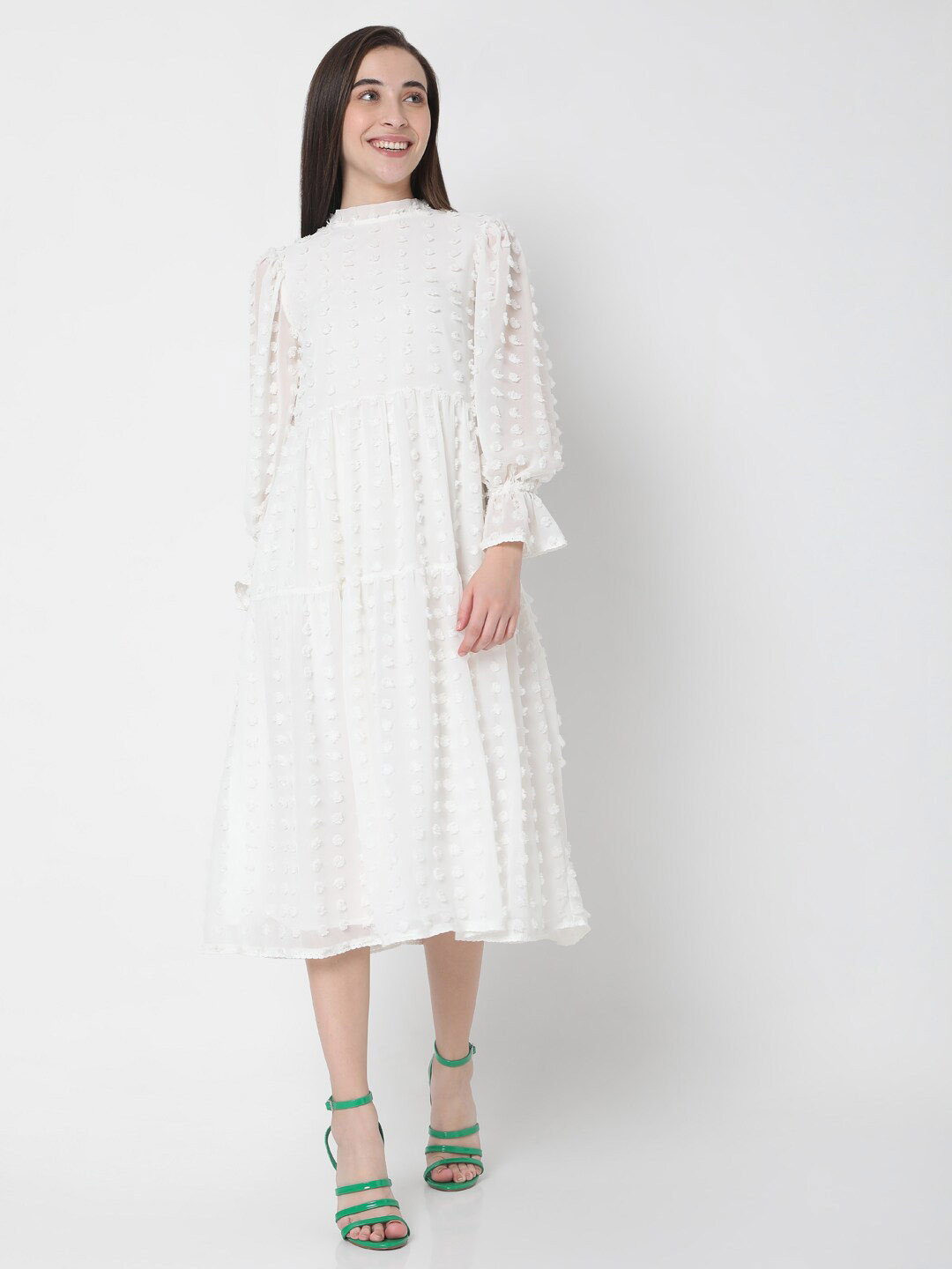 Buy Vero Moda Women White Self Design Bishop Sleeves A Line Dress ...