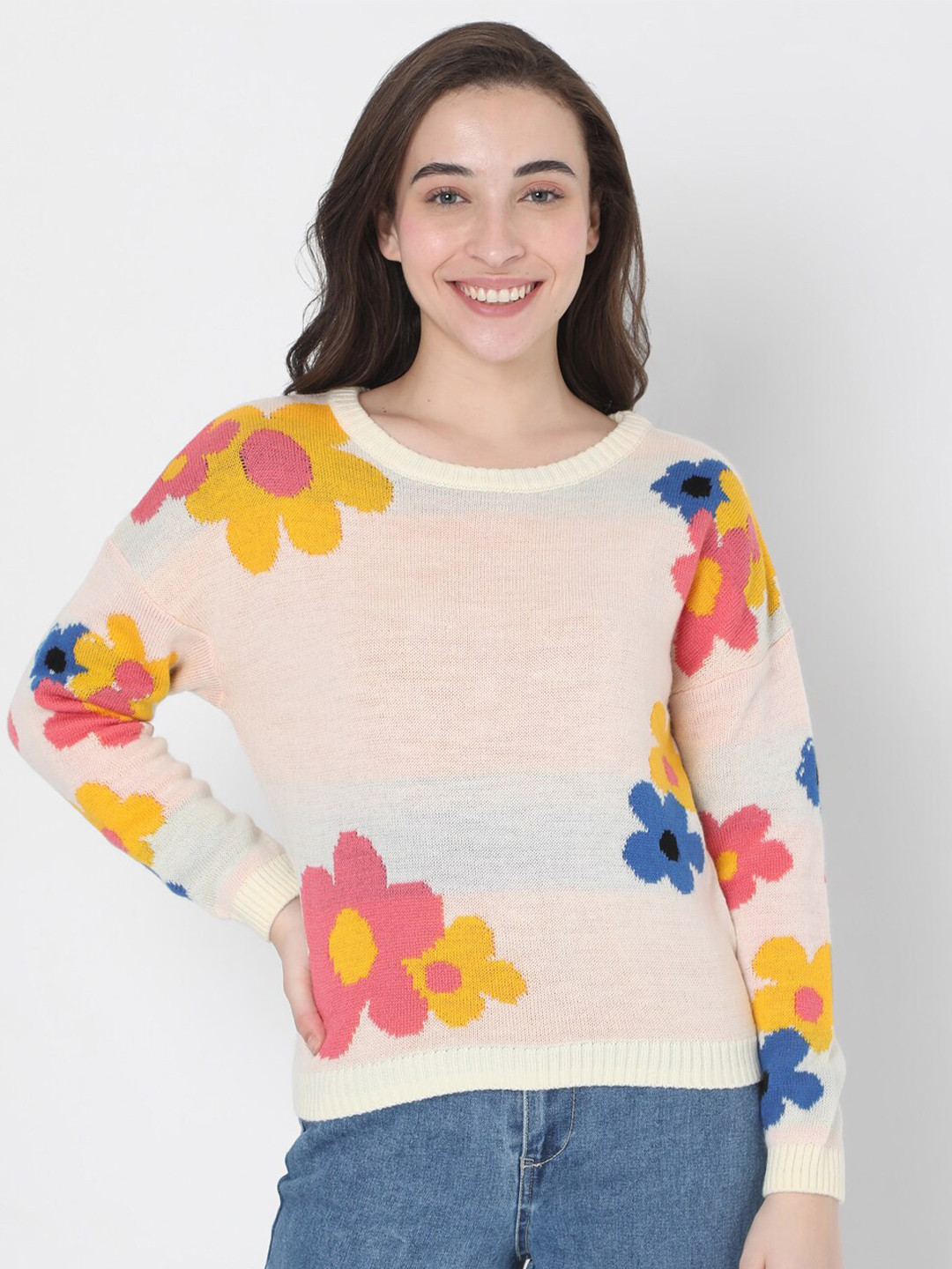 Buy Vero Moda Women Beige Floral Knitted Design Pullover - Sweaters for ...