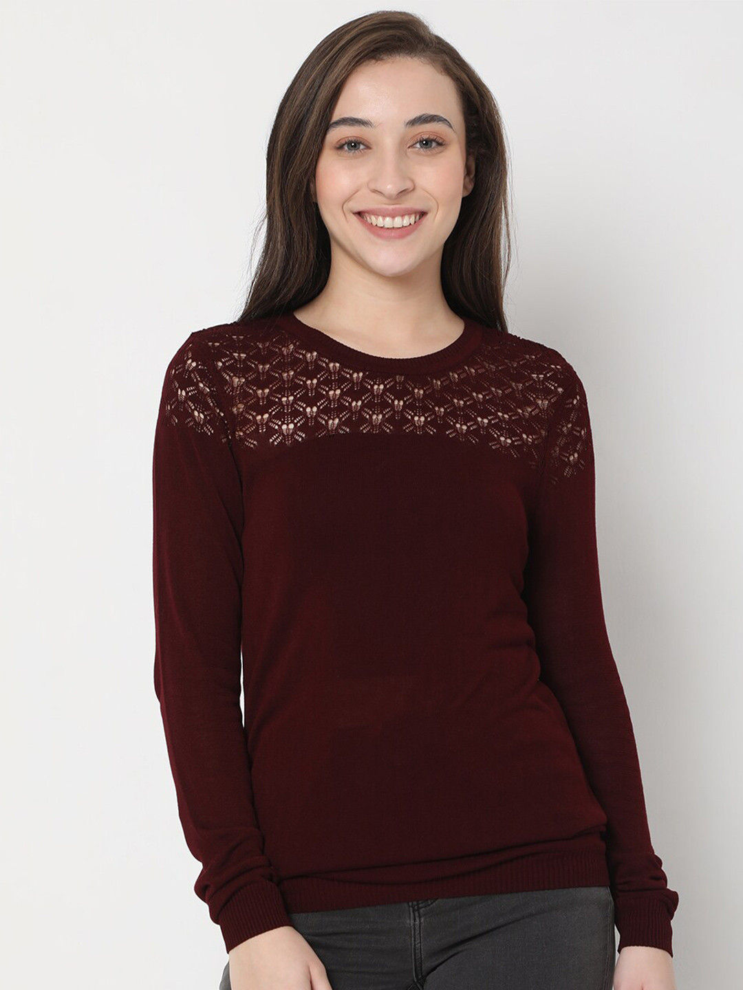 Buy Vero Moda Women Maroon Solid Self Design Neck Pullover Sweater ...