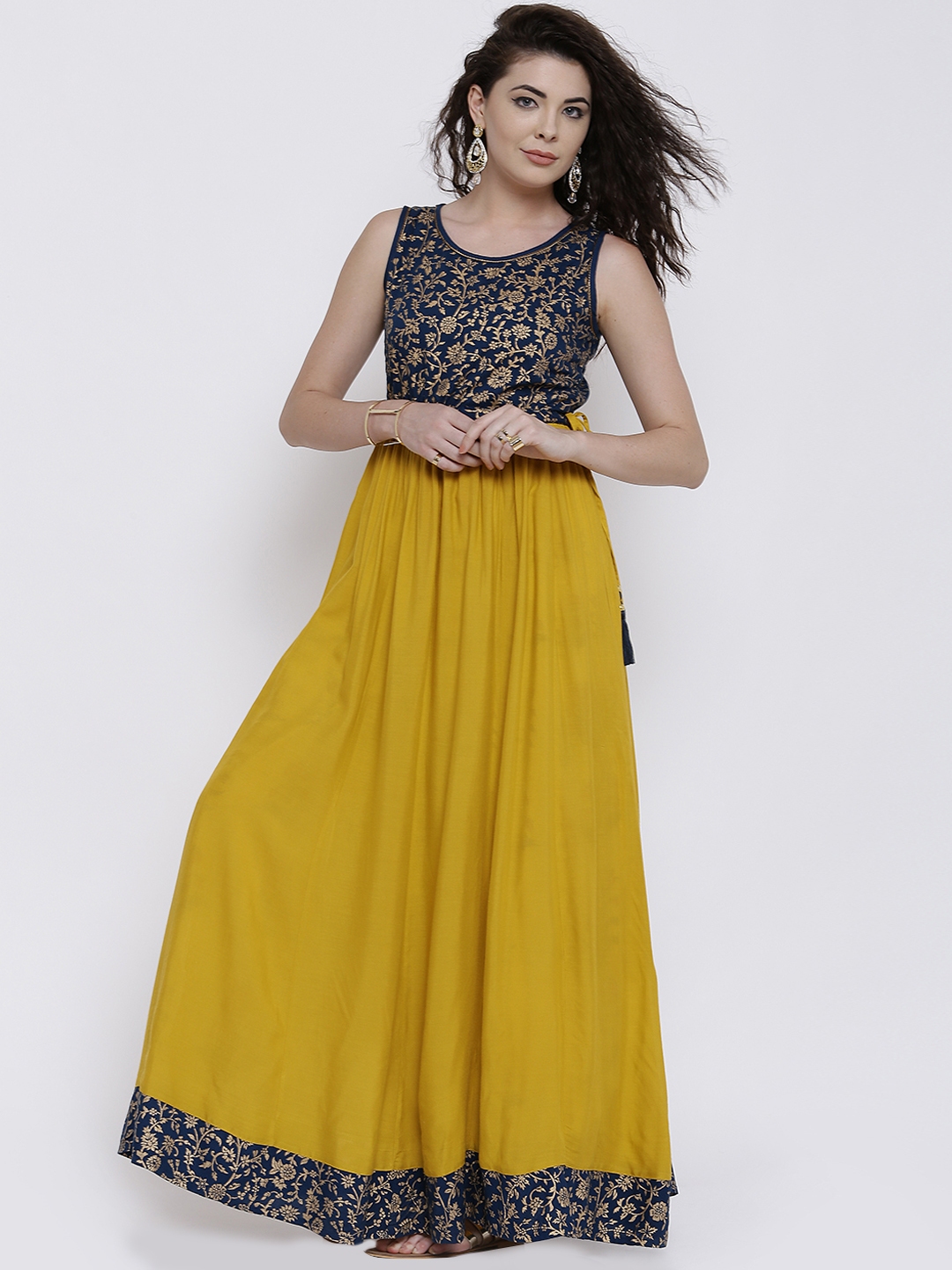 Buy Vishudh Women Mustard Yellow And Teal Blue Anarkali Kurta With