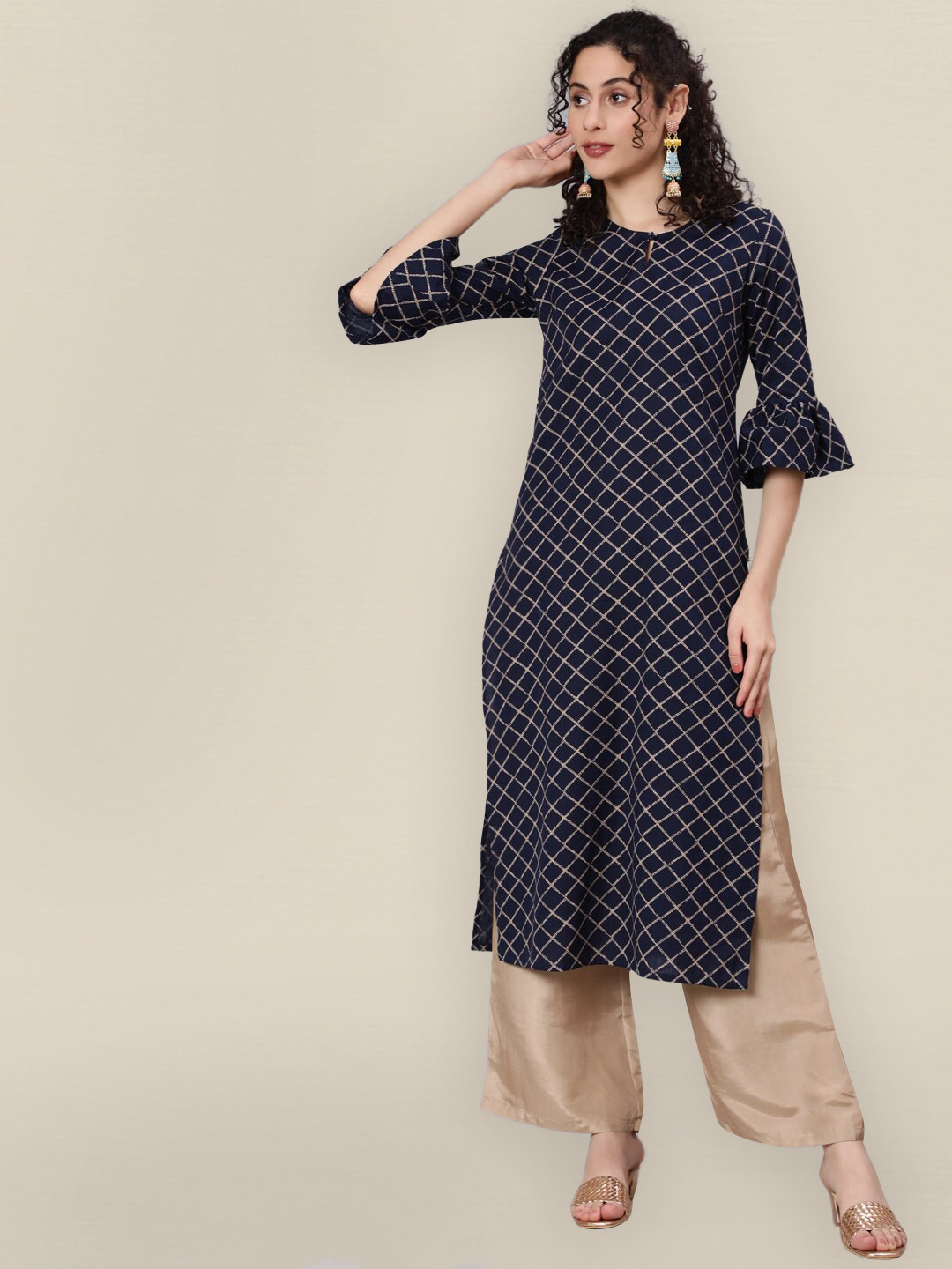 Buy Sangria Women Navy Blue Checked Keyhole Neck Flared Sleeves Kurta ...