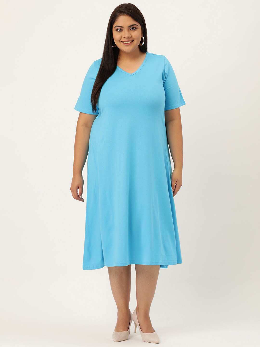 Buy TheRebelinme Plus Size Turquoise Blue Pure Cotton A Line Midi Dress ...
