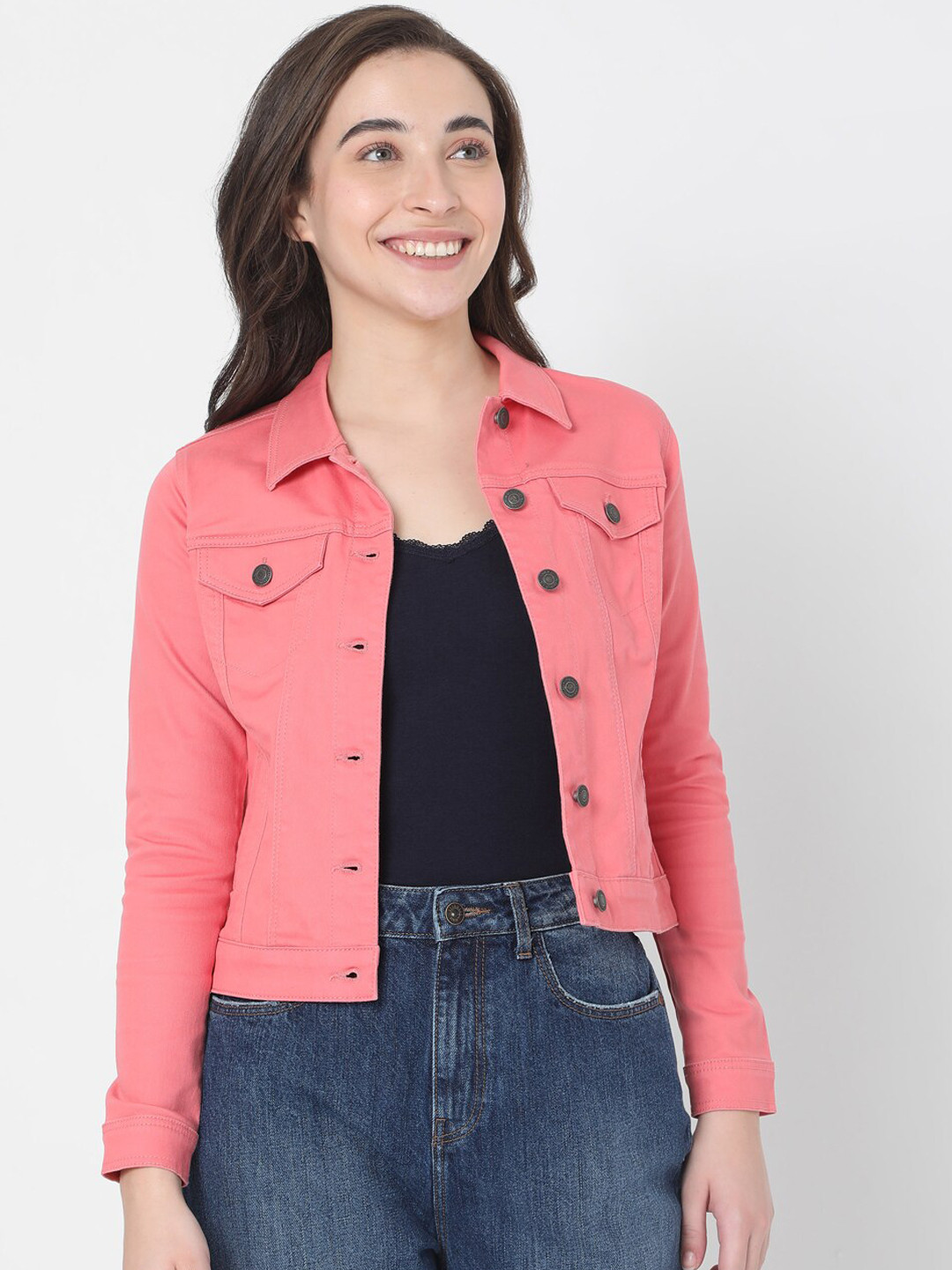 Buy Vero Moda Women Pink Crop Denim Long Sleeves Jacket - Jackets for ...