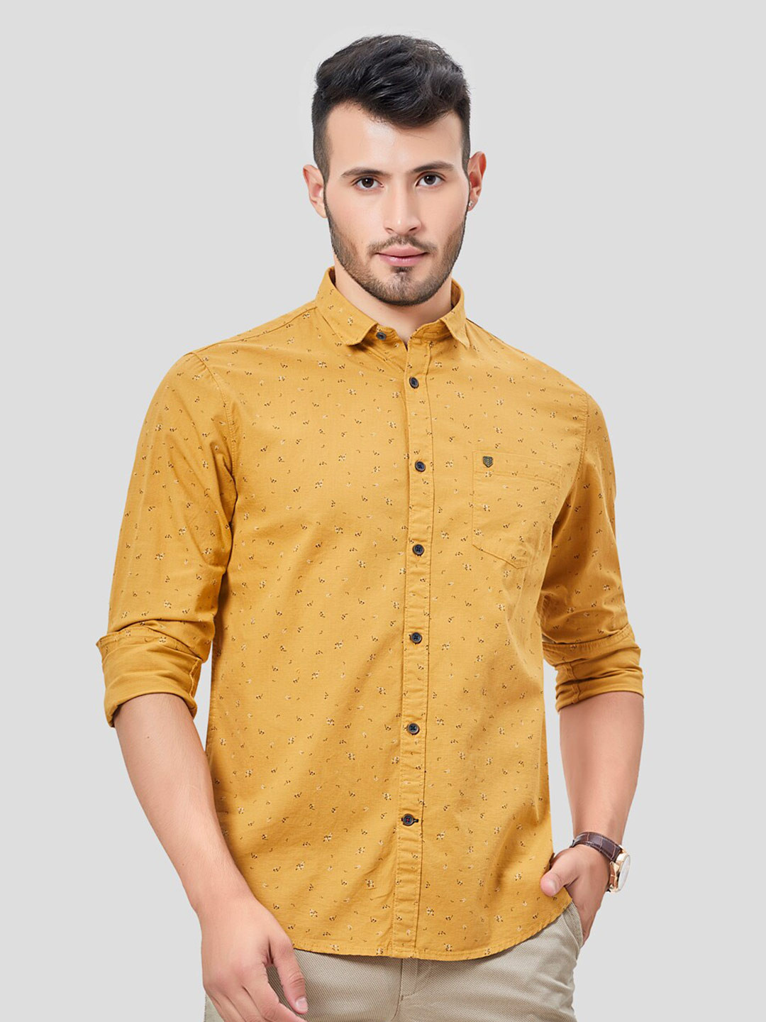 Buy Oxemberg Men Mustard Yellow Classic Slim Fit Floral Printed Casual ...