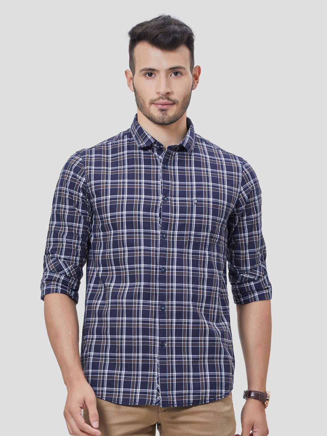 Buy Oxemberg Men Navy Blue Classic Slim Fit Checks Casual Shirt ...