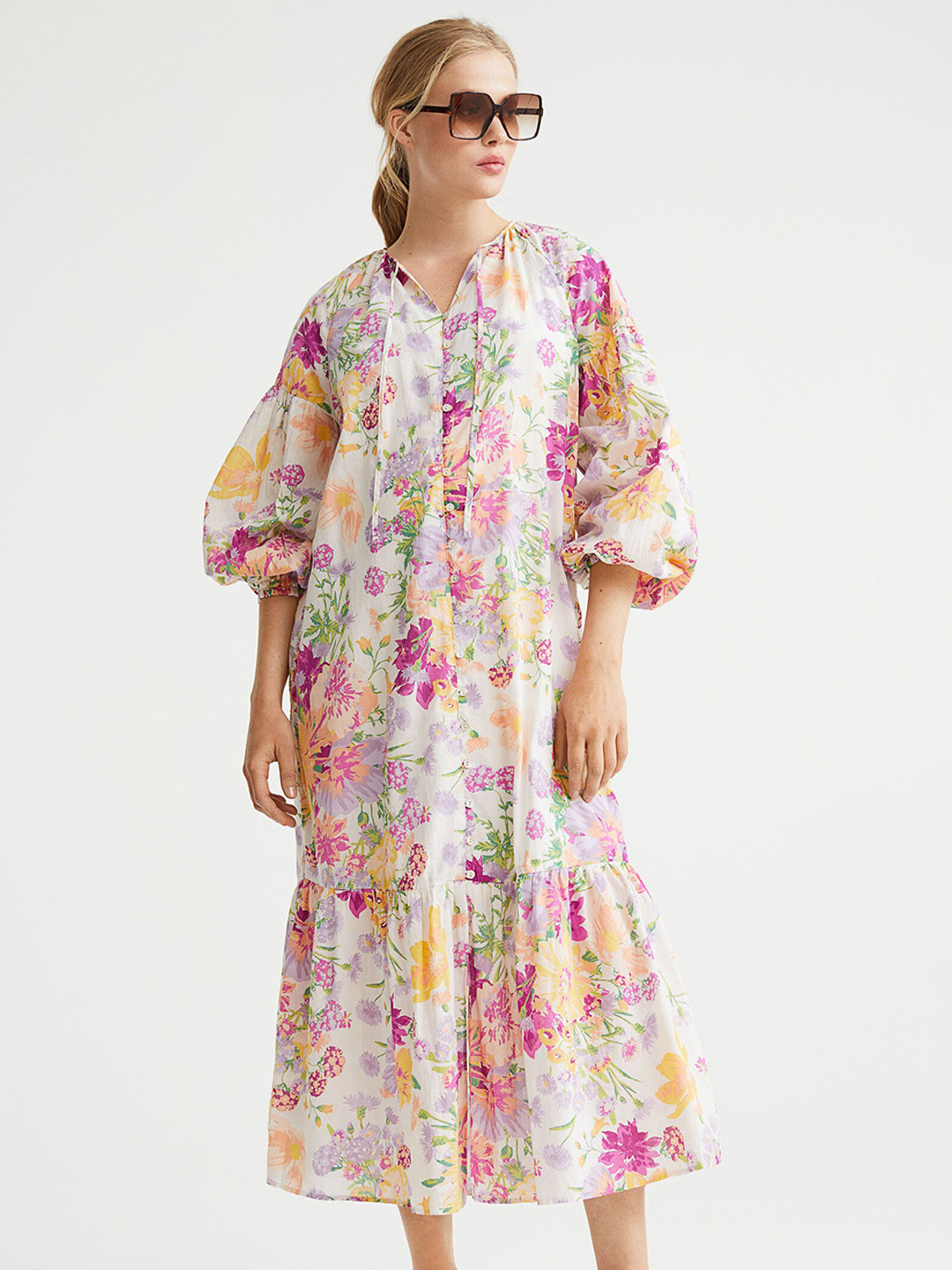 Buy H&M White & Multicoloured Floral Drop Waist Pure Cotton Midi Dress ...