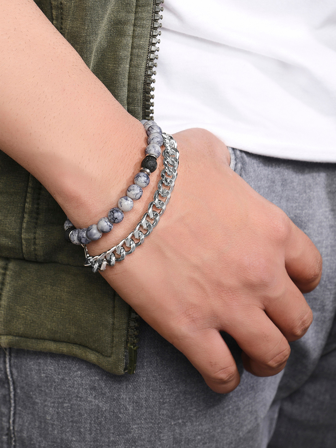 Buy The Bro Code Men 2 Silver Toned & Grey Silver Plated Bracelet ...