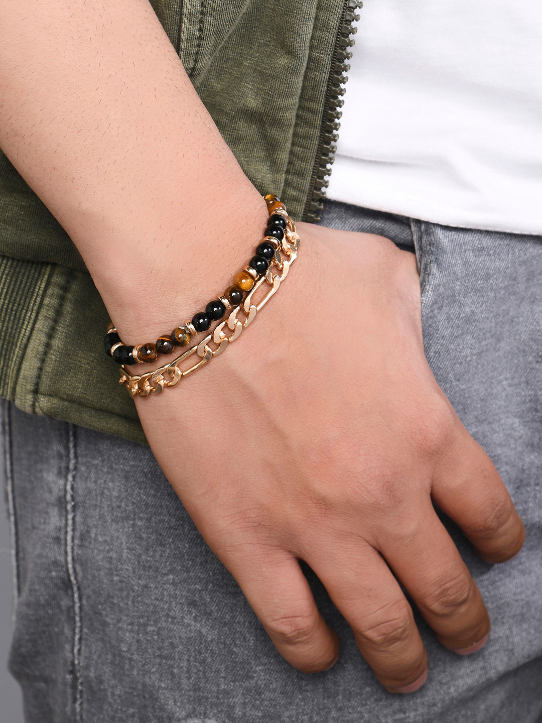 Buy The Bro Code Set Of 2 Men Gold Toned & Black Gold Plated Bracelet ...