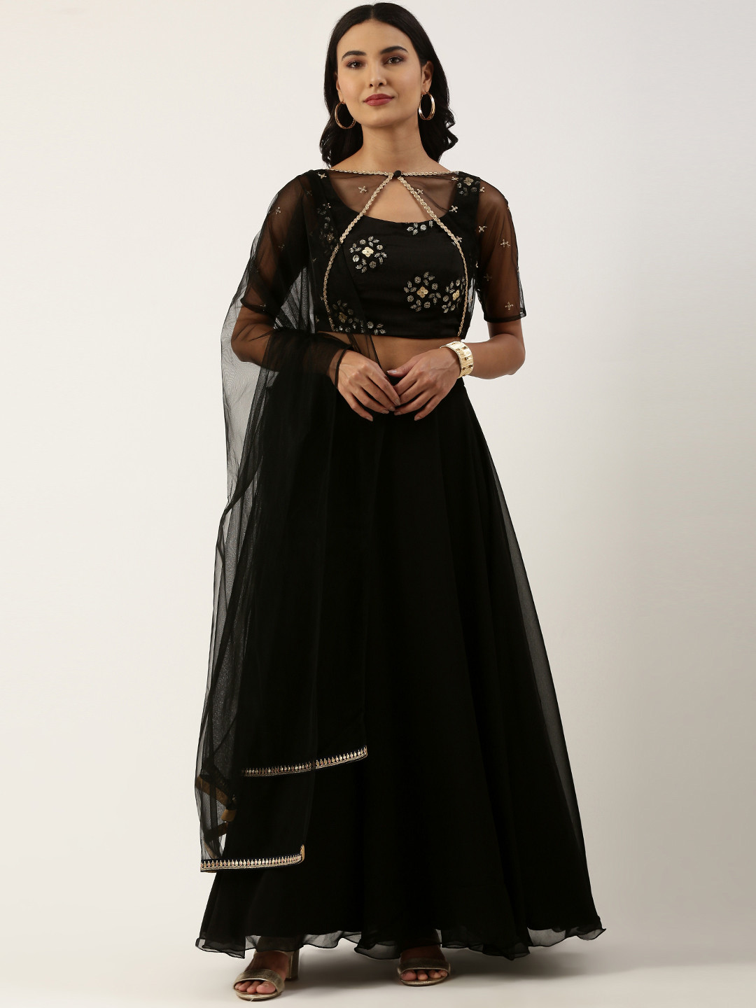 Buy Ethnovog Black Embroidered Made To Measure Lehenga Blouse With ...