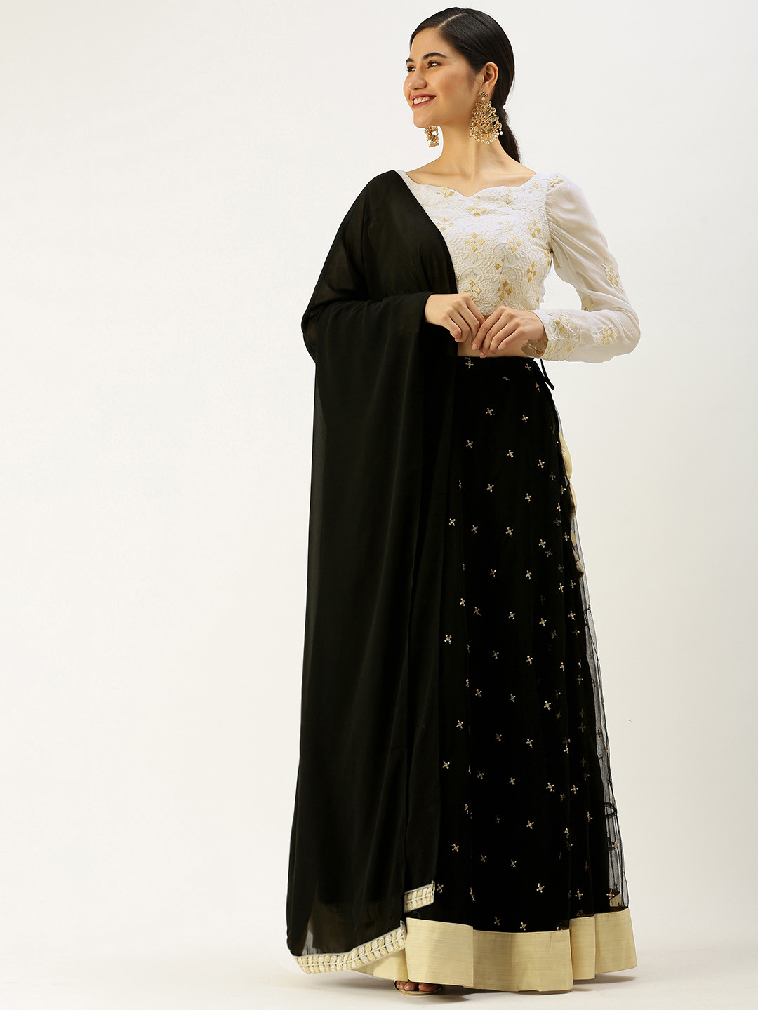 Buy Ethnovog White Black Made To Measure Lehenga Blouse With Dupatta ...