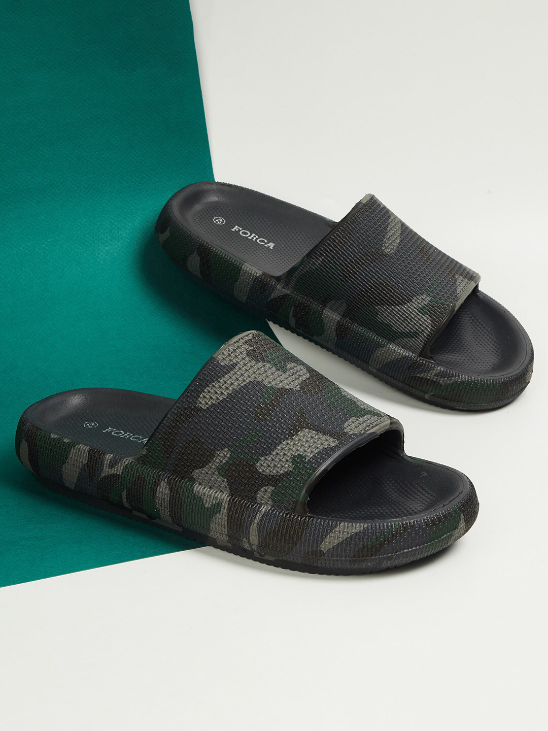 Buy Forca By Lifestyle Men Green & Grey Printed Rubber Sliders - Flip ...