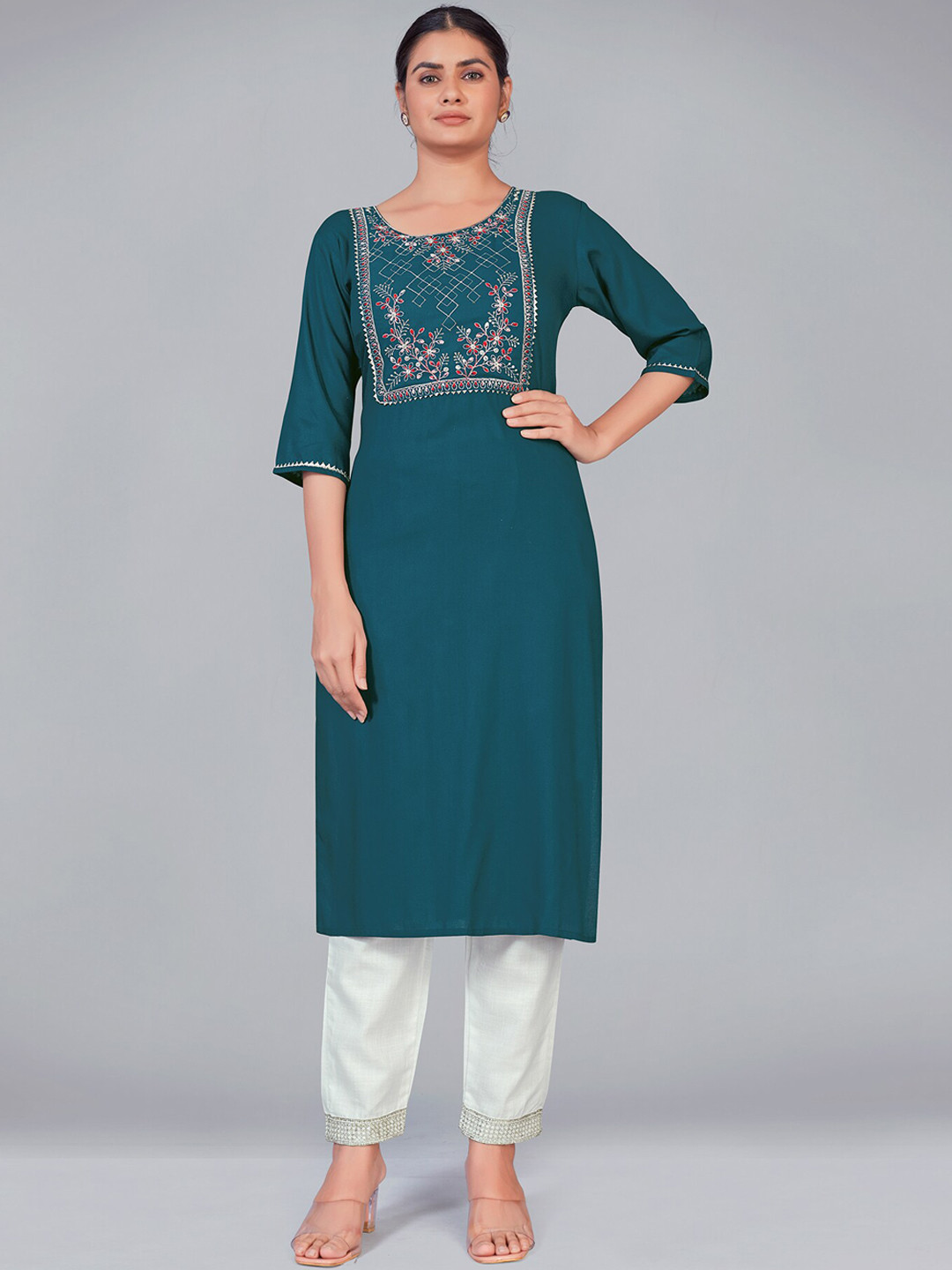 Buy MONJOLIKA FASHION Women Teal Yoke Design Kurti With Trousers ...