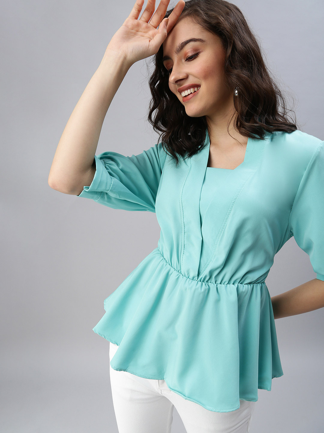 Buy SHOWOFF Turquoise Blue Crepe Cinched Waist Top - Tops for Women ...