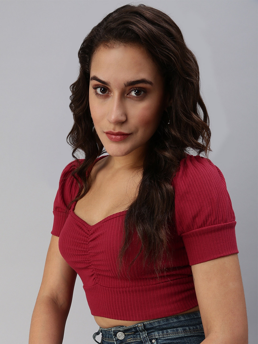 Buy Showoff Women Maroon Sweetheart Neck Fitted Crop Top Tops For