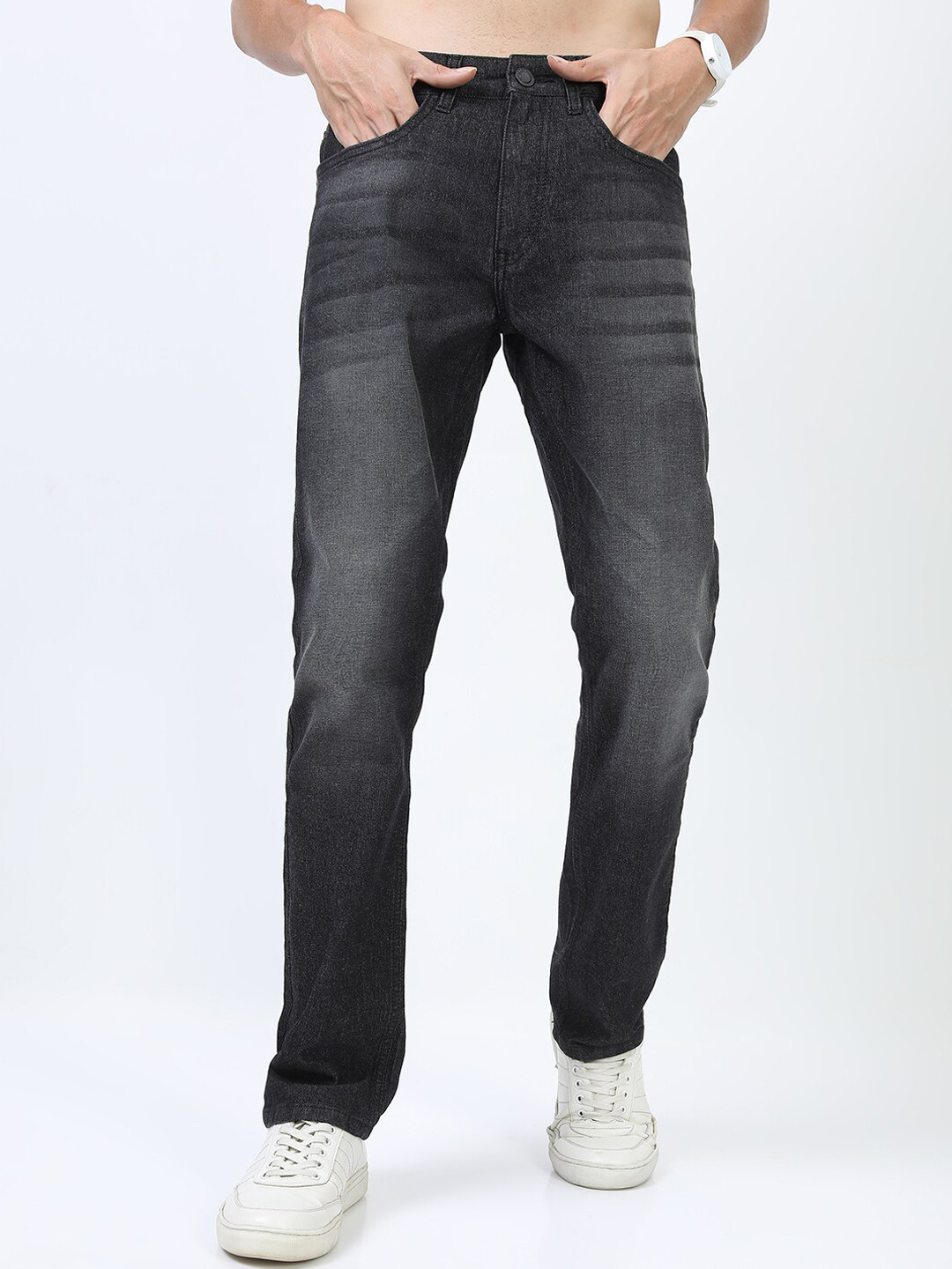 Buy HIGHLANDER Men Charcoal Straight Fit Heavy Fade Stretchable Jeans ...