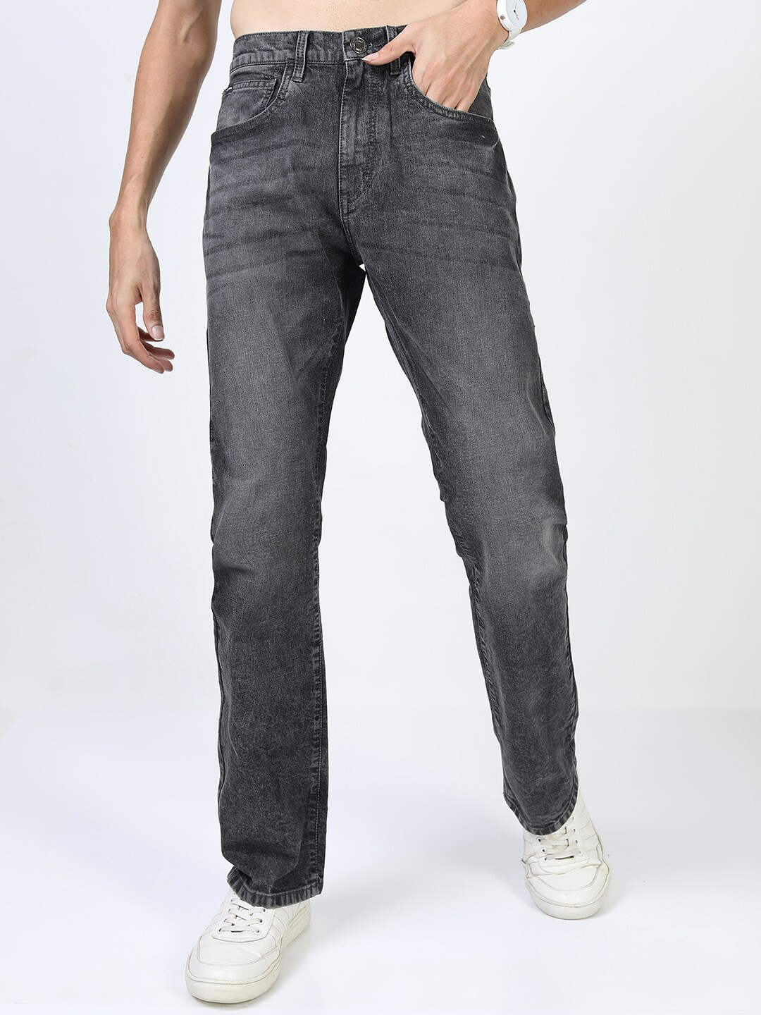 Buy HIGHLANDER Men Grey Bootcut Clean Look Light Fade Stretchable Jeans ...