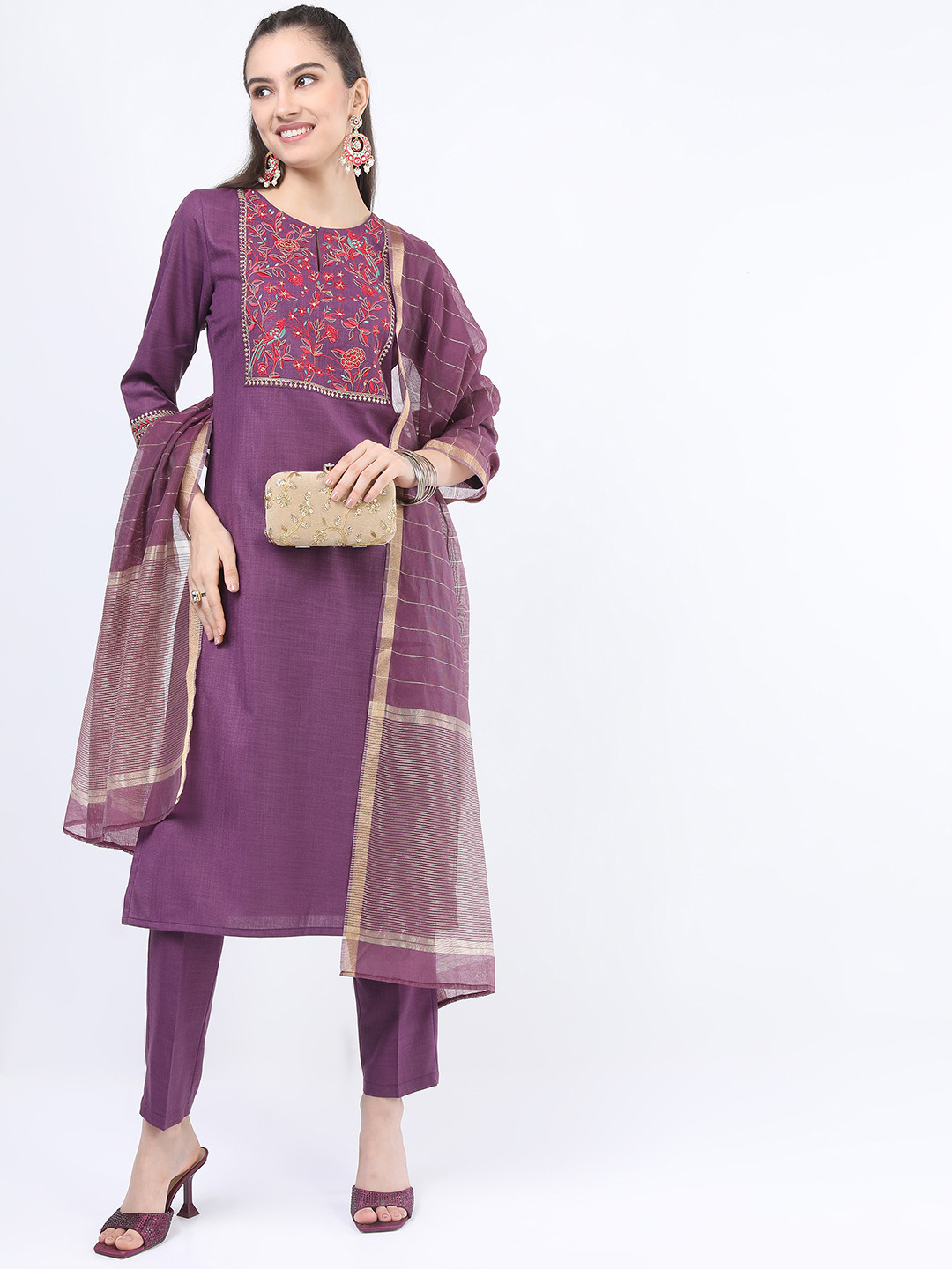 Buy Vishudh Women Purple Floral Yoke Design Kurta With Trousers & With ...
