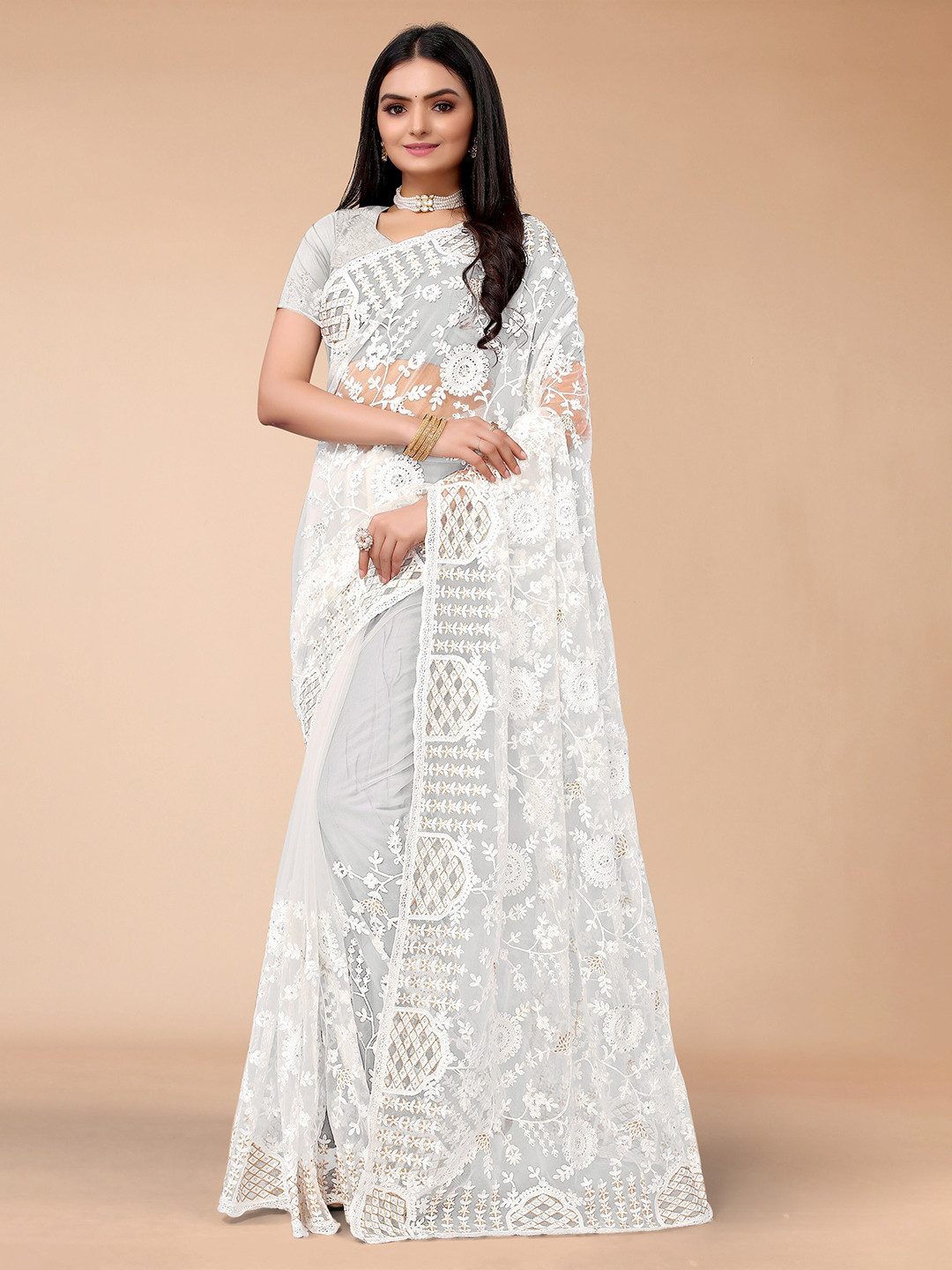 Buy Mitera White Floral Embroidered Net Saree - Sarees for Women ...