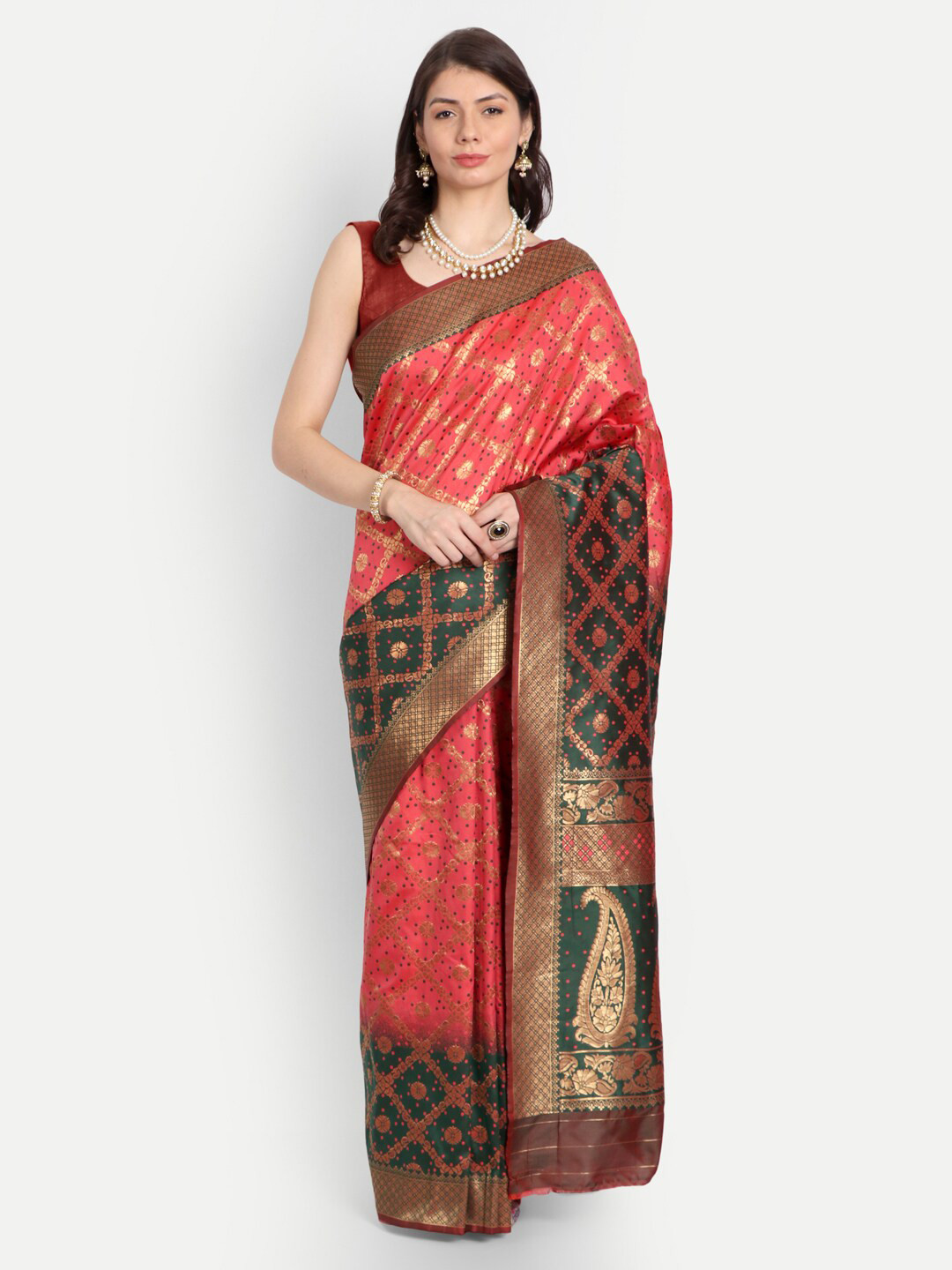 Buy CHAMPAVALI Peach Coloured & Green Woven Design Zari Pure Silk ...