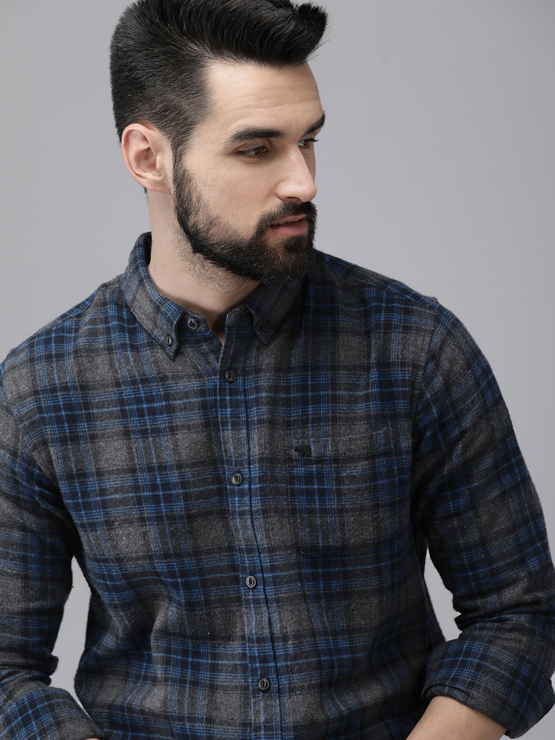 Buy THE BEAR HOUSE Men Charcoal Grey & Blue Slim Fit Checked Flannel ...