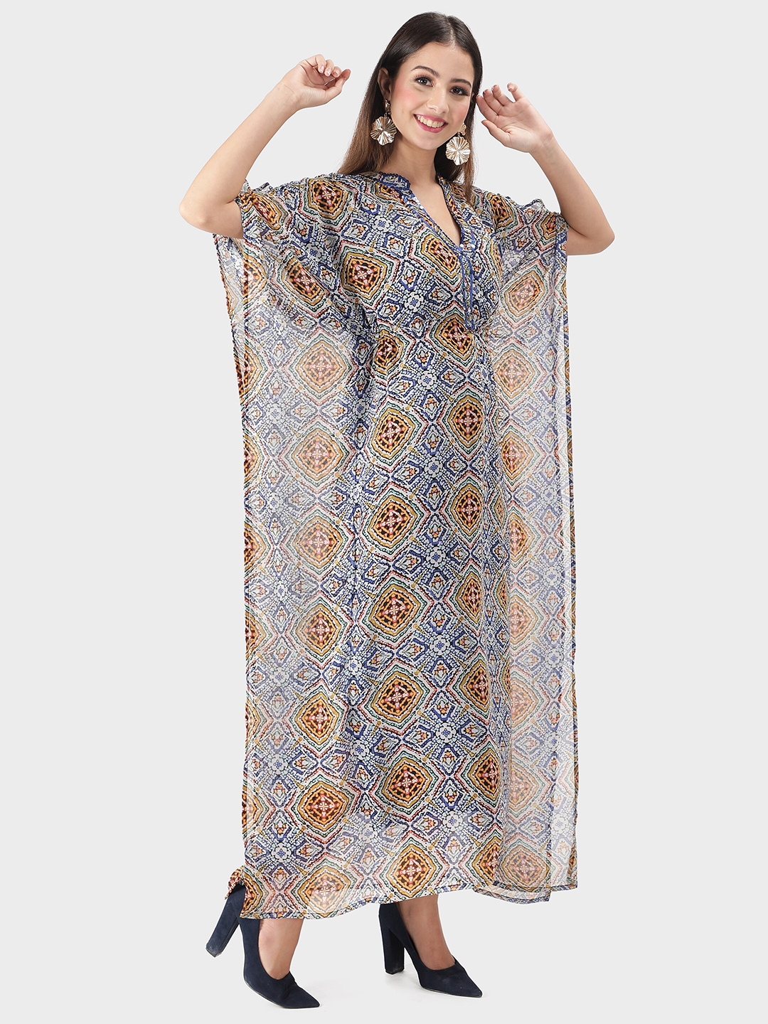 Buy DEBONATELLA Blue & Mustard Yellow Ethnic Motifs Georgette Kaftan ... Buy DEBONATELLA Blue & Mustard Yellow Ethnic Motifs Georgette Kaftan ...