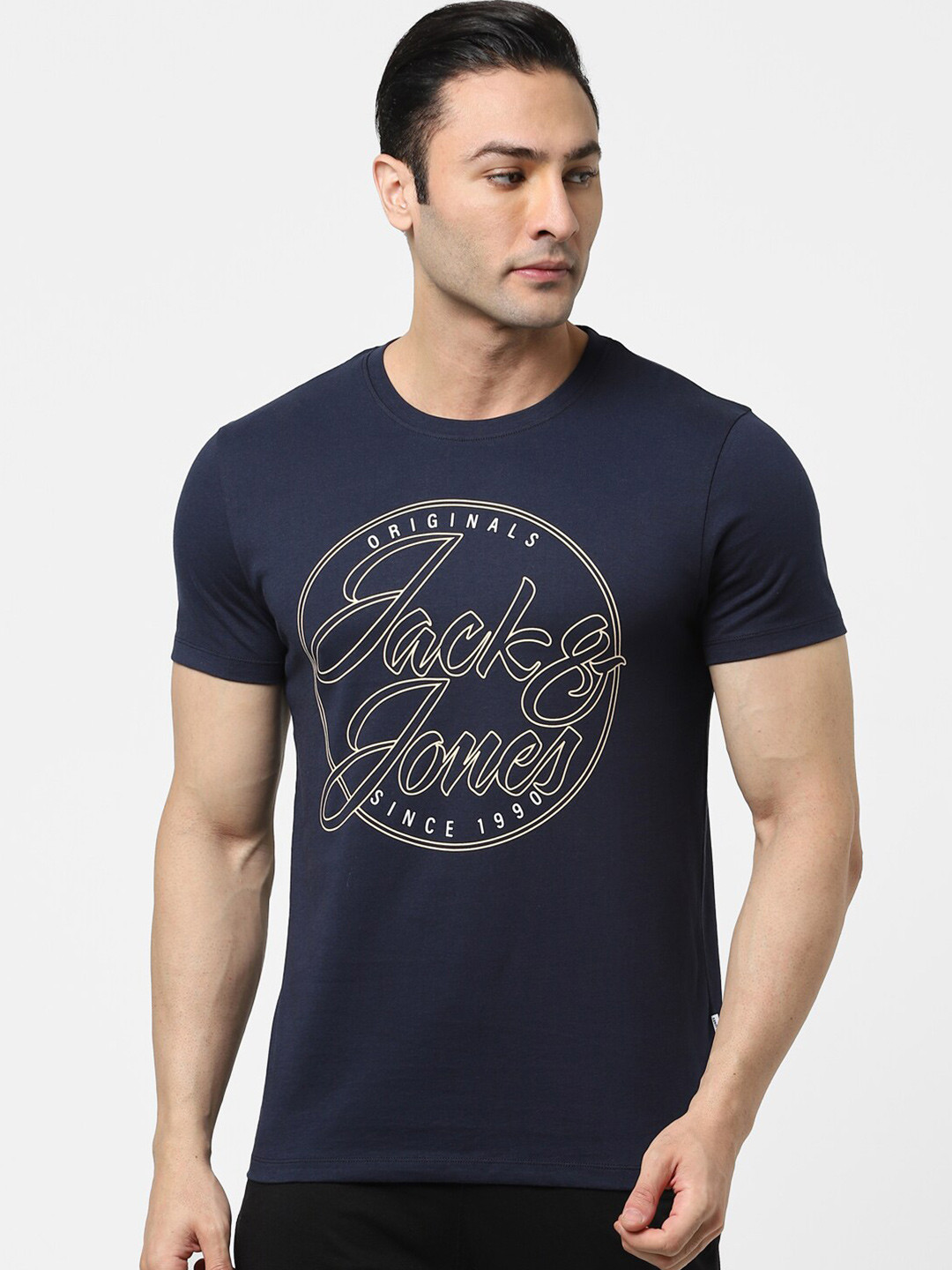 Buy Jack & Jones Men Navy Blue Brand Logo Printed T Shirt - Tshirts for ...