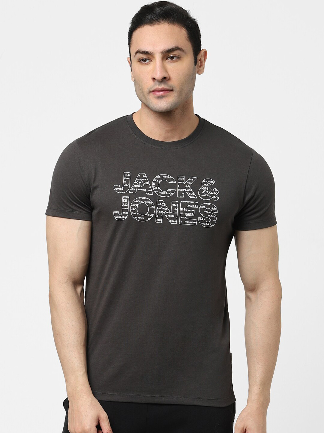 Buy Jack & Jones Men Black Brand Logo Printed Short Sleeves T Shirt ...