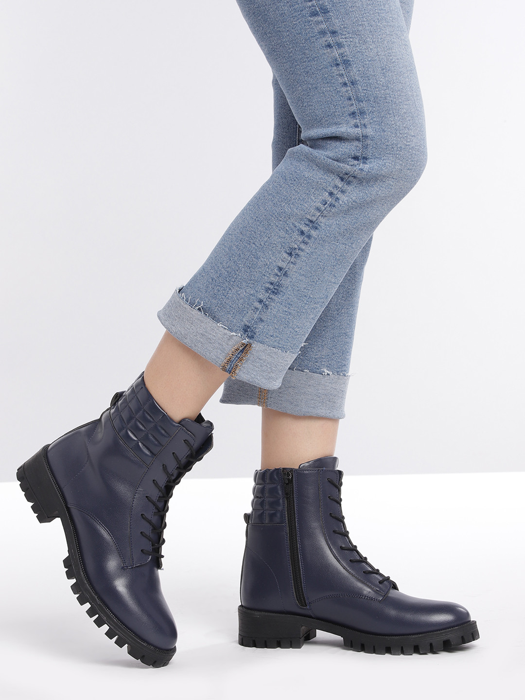 Buy Roadster Women Navy Blue Solid Mid Top Boots With Quilted Detail ...