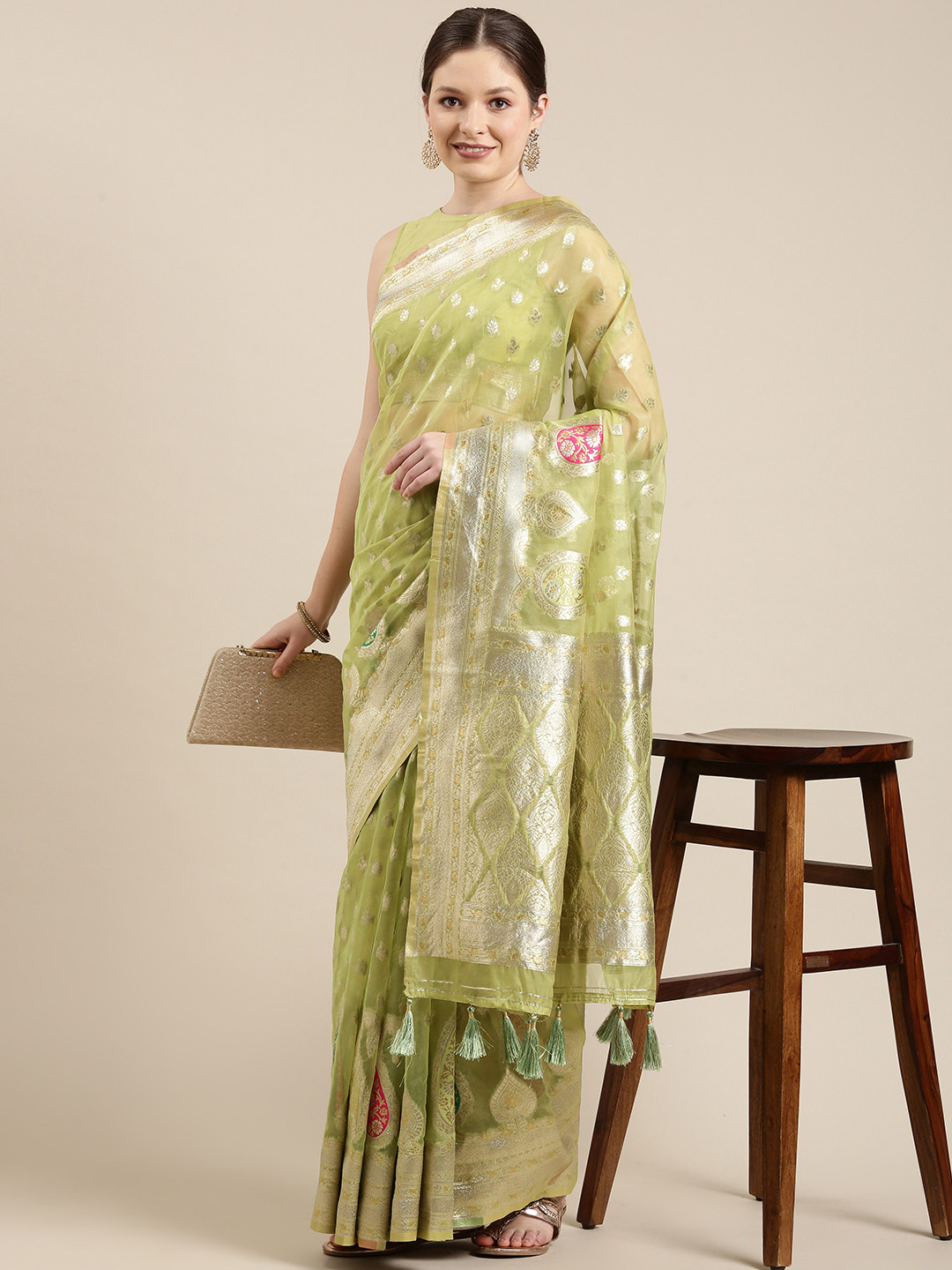 Buy Panchhi Lime Green & Silver Coloured Ethnic Motifs Zari Organza ...
