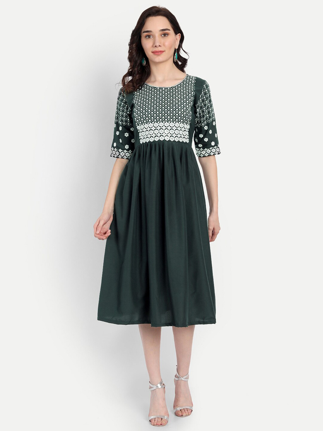 Buy RUHI FASHION Green & White Floral Embroidered Midi Dress - Dresses ...