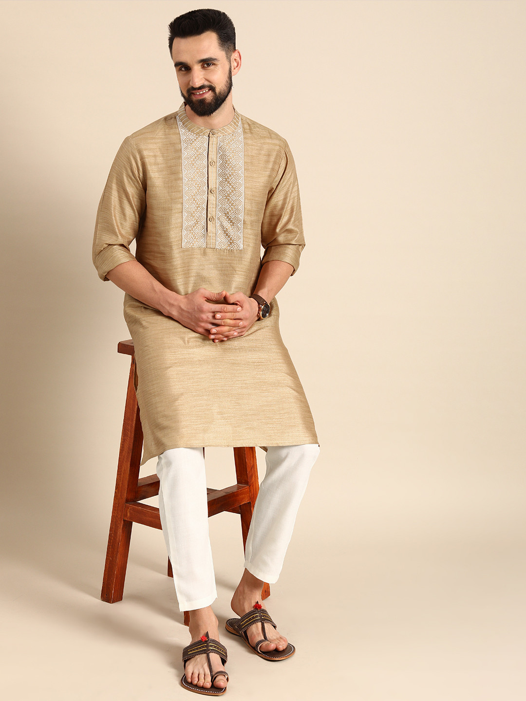 Buy Anouk Men Beige & White Yoke Design Thread Work Kurta With Pyjamas ...