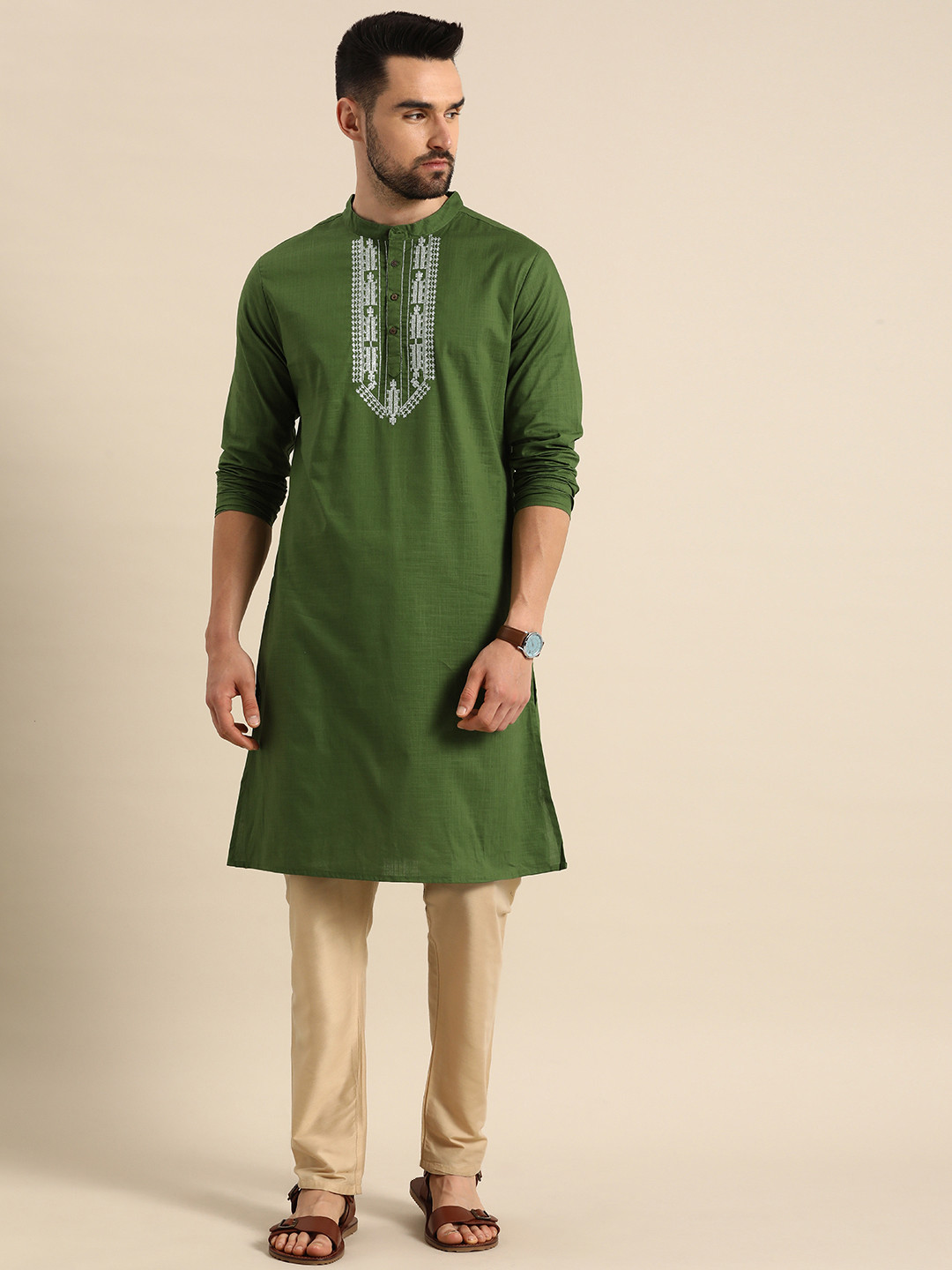 Buy Anouk Men Green Ethnic Motifs Embroidered Pure Cotton Kurta ...