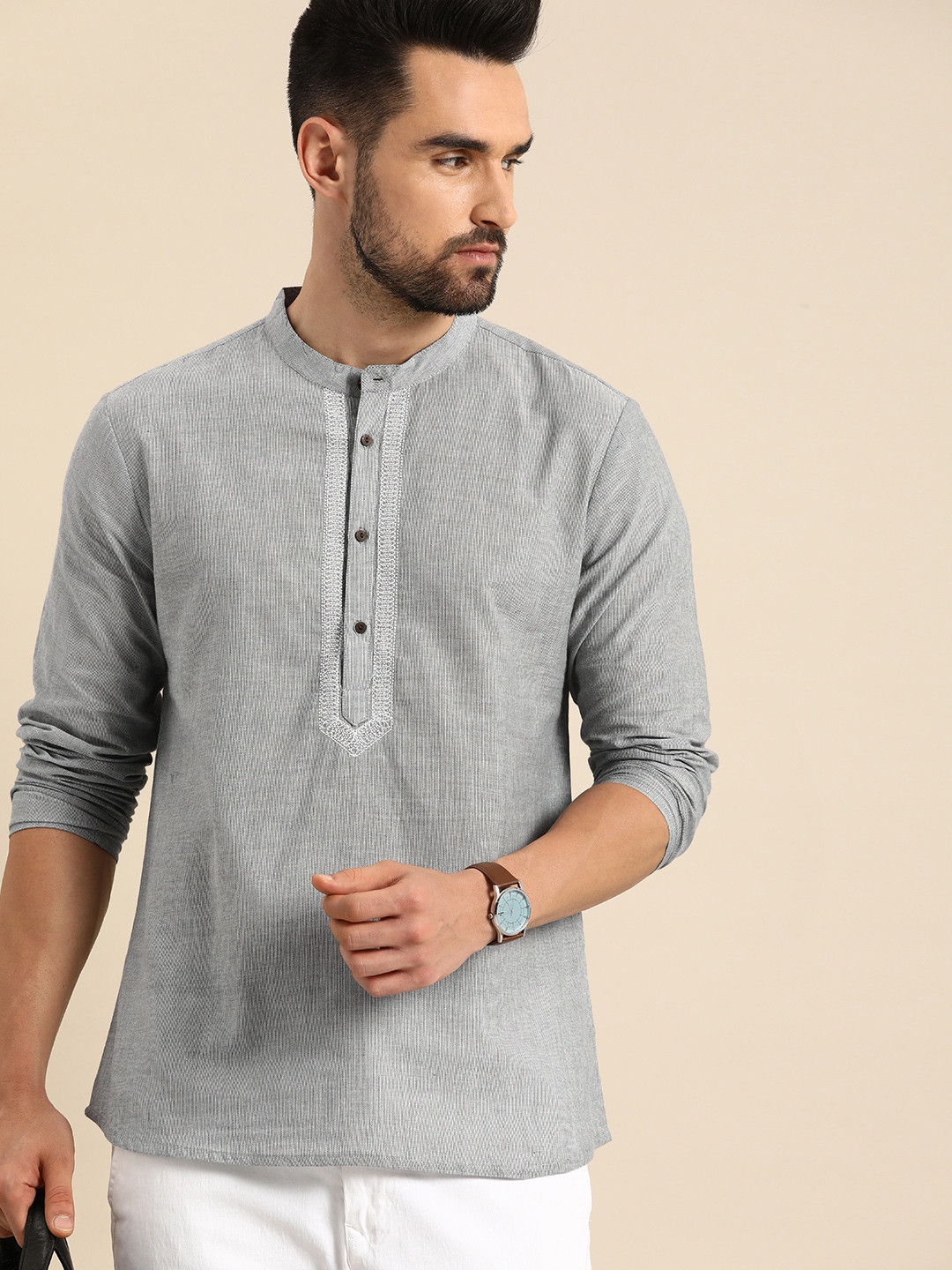 Buy Anouk Men Grey Striped Thread Work Mandarin Collar Pure Cotton ...