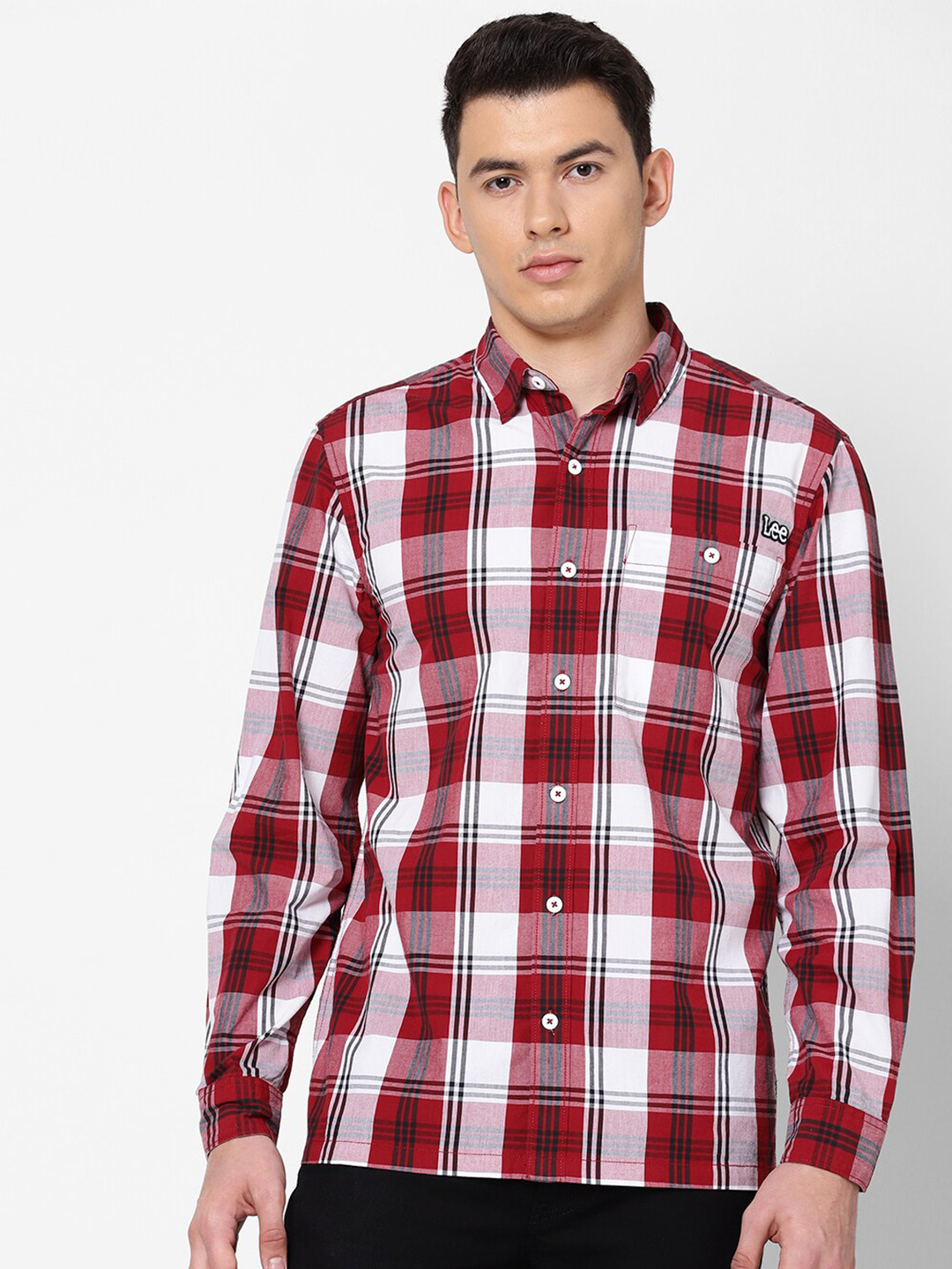 Buy Lee Men Red & White Checked Cotton Casual Shirt - Shirts for Men ...