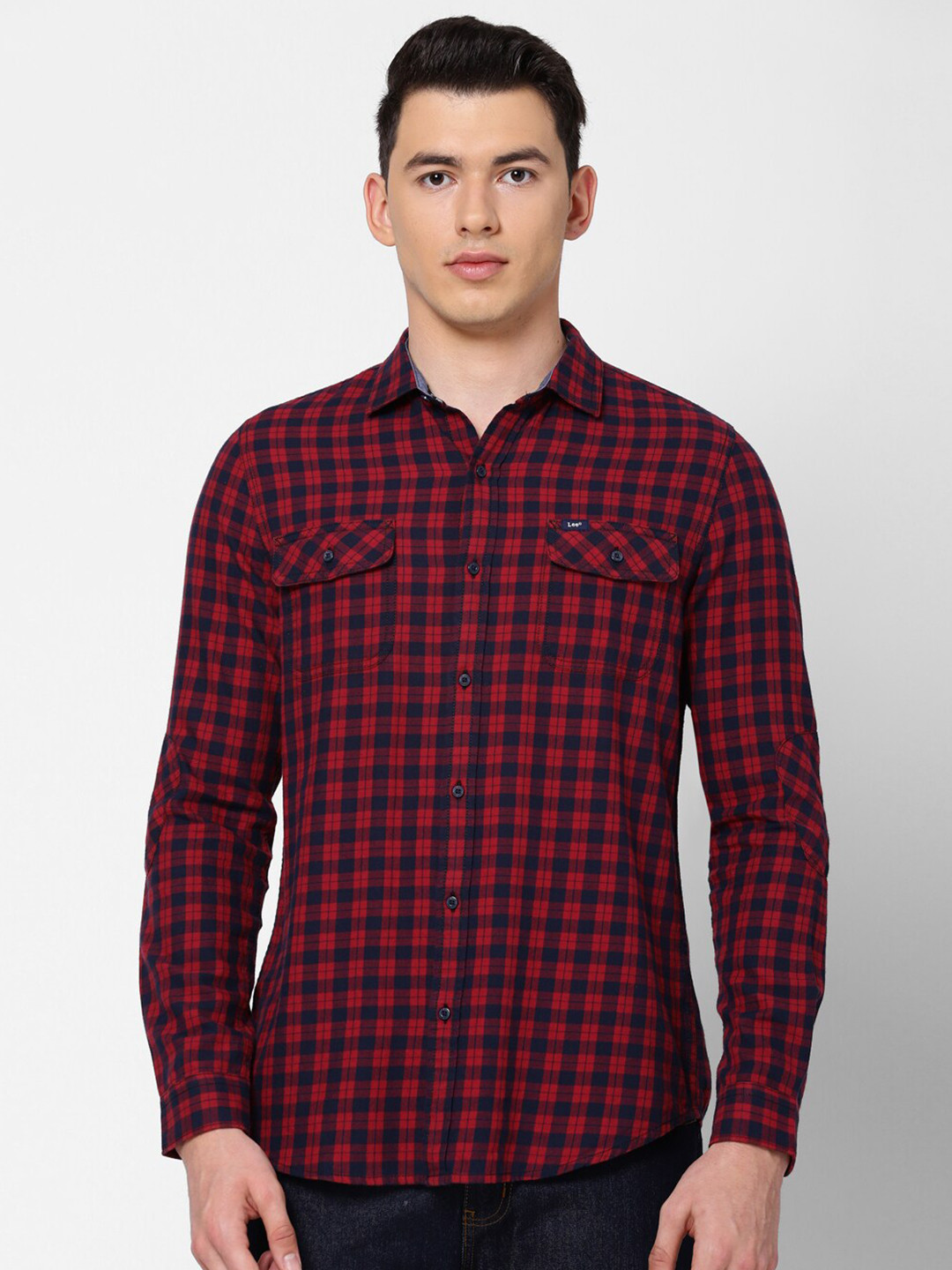 Buy Lee Men Red Slim Fit Checked Cotton Casual Shirt - Shirts for Men ...