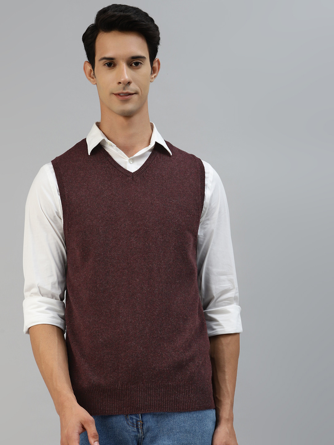 Buy Marks & Spencer Men Maroon Solid Pure Wool Sweater Vest - Sweaters ...