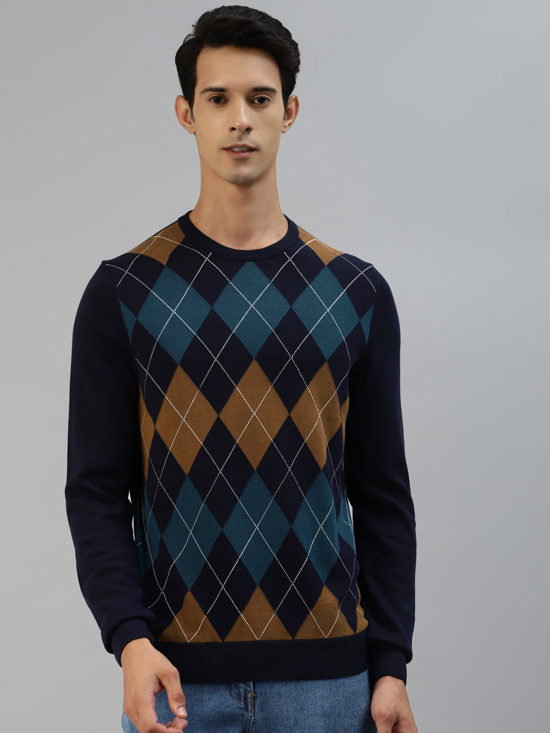 Buy Marks & Spencer Men Navy Blue & Brown Pure Cotton Geometric Self ...
