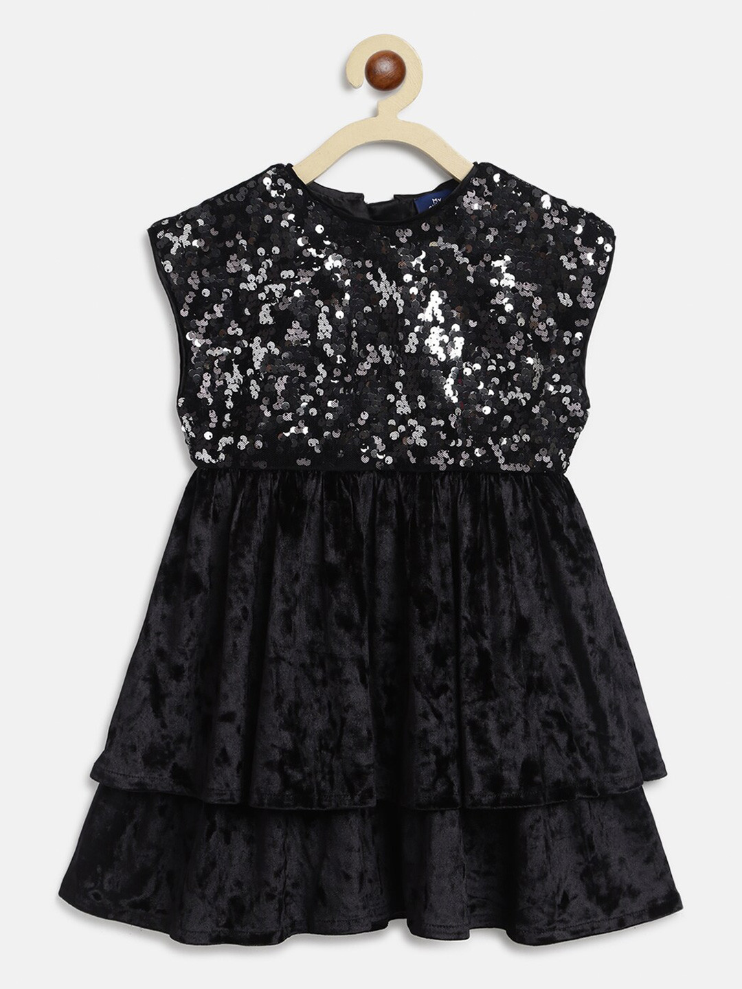 Buy Chicco Girls Black Embellished Sequined Velvet Layered Fit & Flare ...