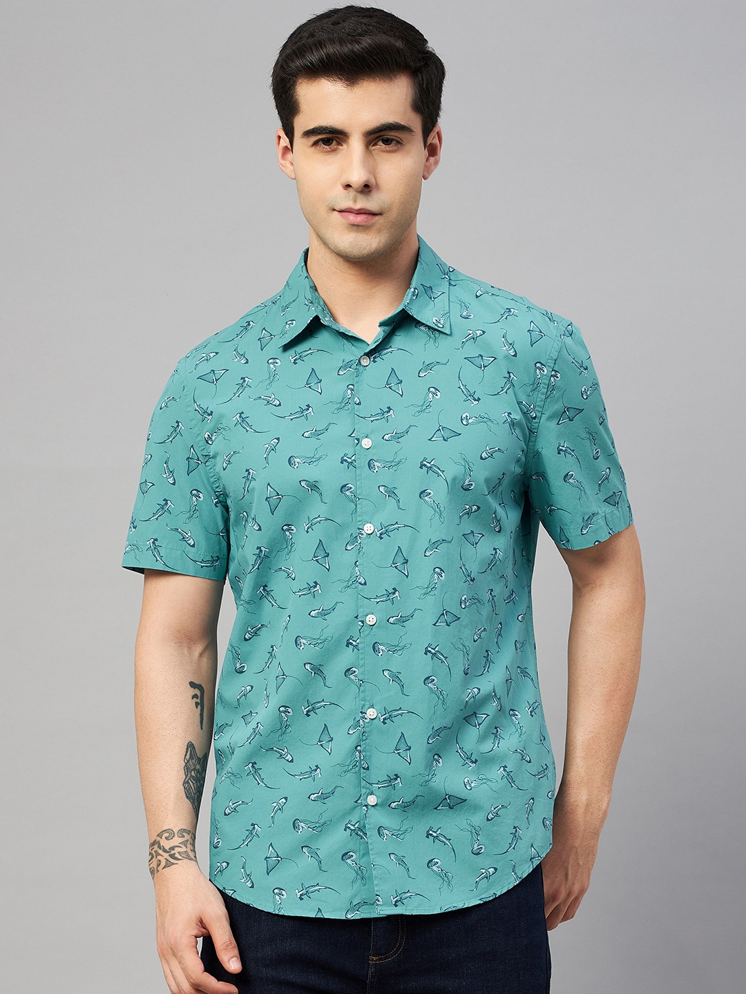 Buy Marks & Spencer Men Turquoise Blue Printed Pure Cotton Tropical ...