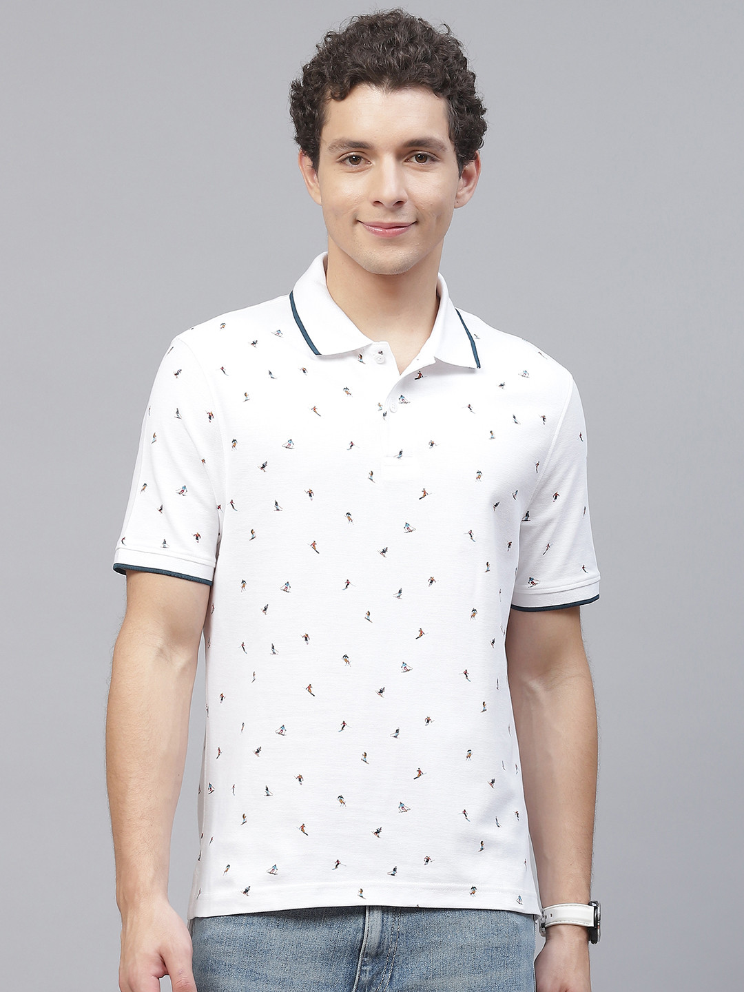 Buy Marks & Spencer Men White & Blue Printed Polo Collar Pure Cotton T ...