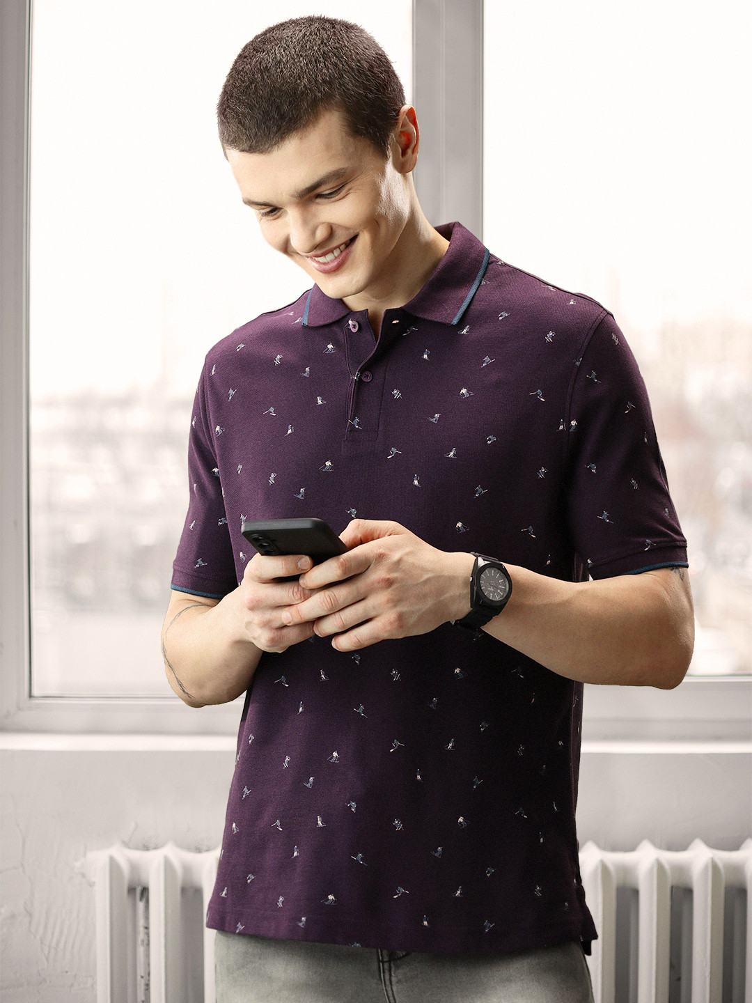 Buy Marks & Spencer Men Purple Pure Cotton Printed Polo Collar T Shirt ...