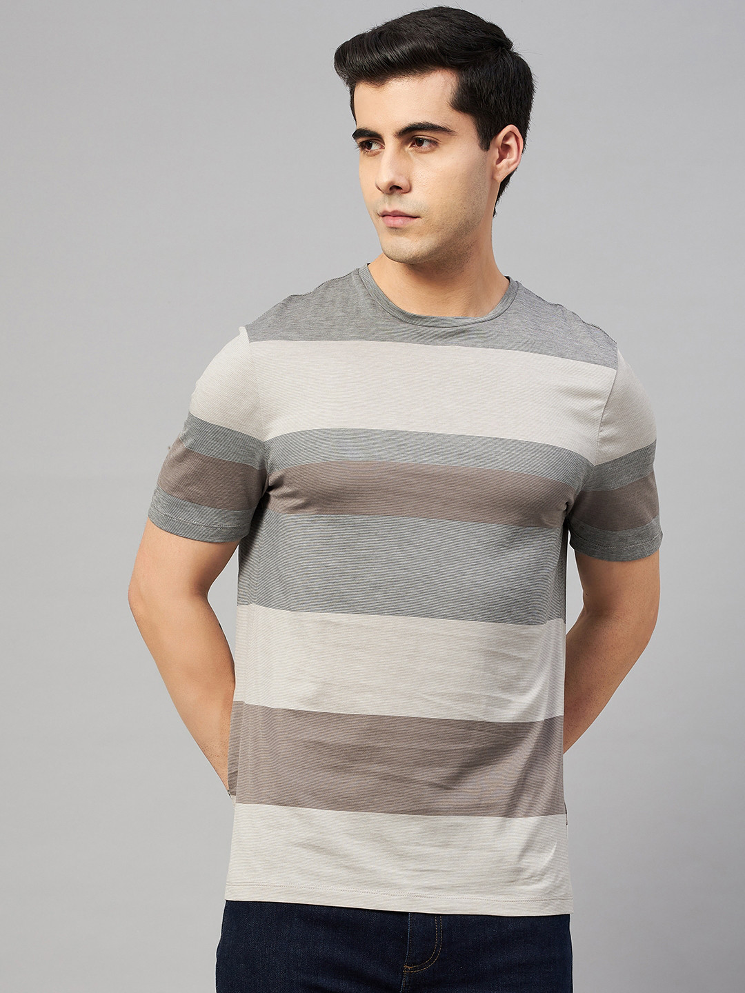 Buy Marks & Spencer Men Beige & Grey Striped Pure Cotton T Shirt ...