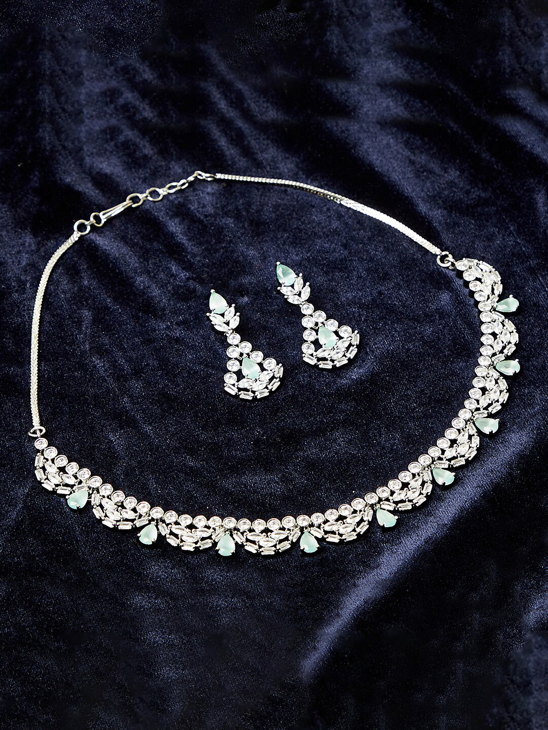 Buy Voylla Women Blue & Silver Toned & Plated CZ Studded Necklace Set ...