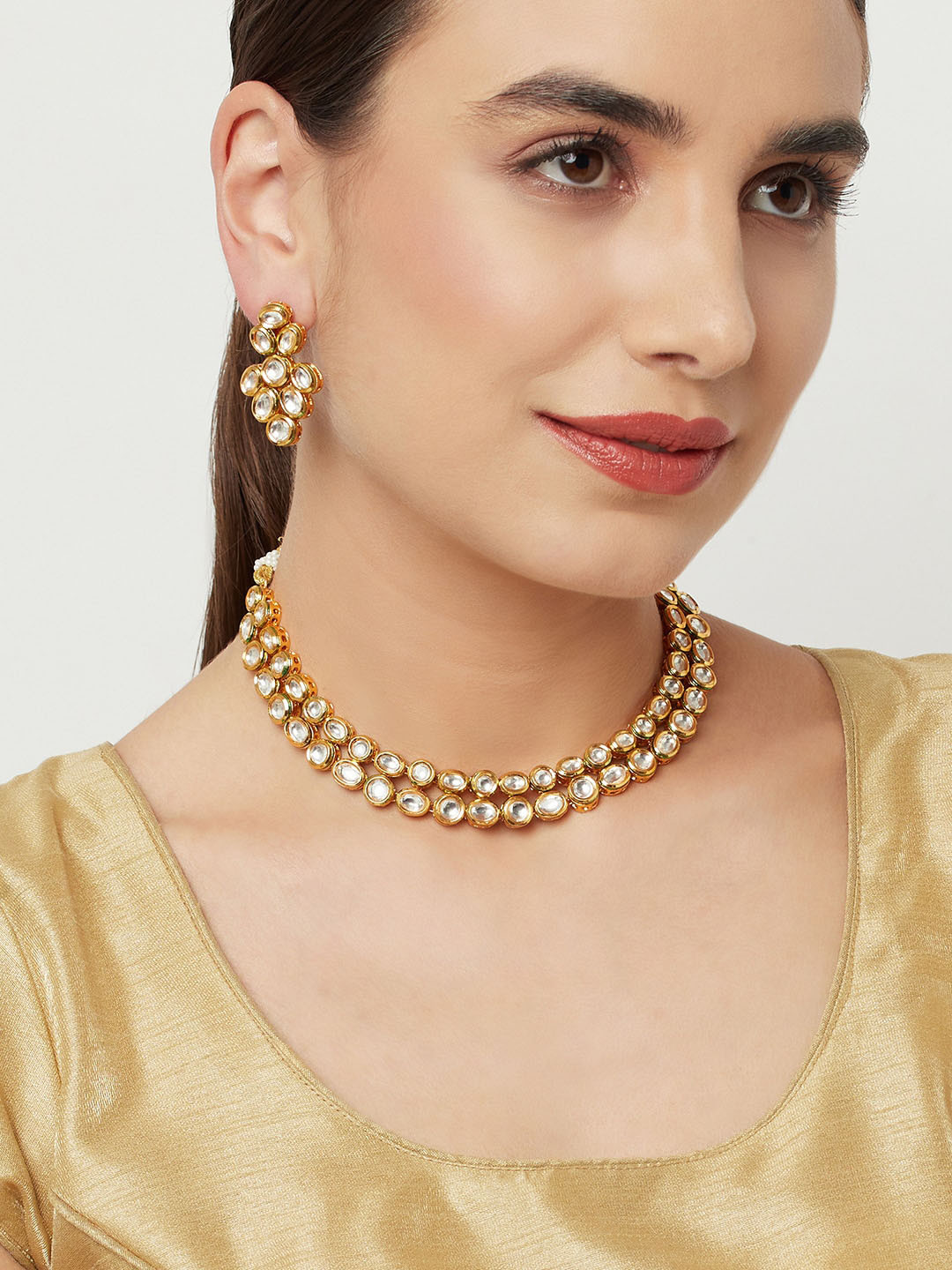 Buy Voylla Gold Plated White Kundan Studded Layered Jewellery Set ...
